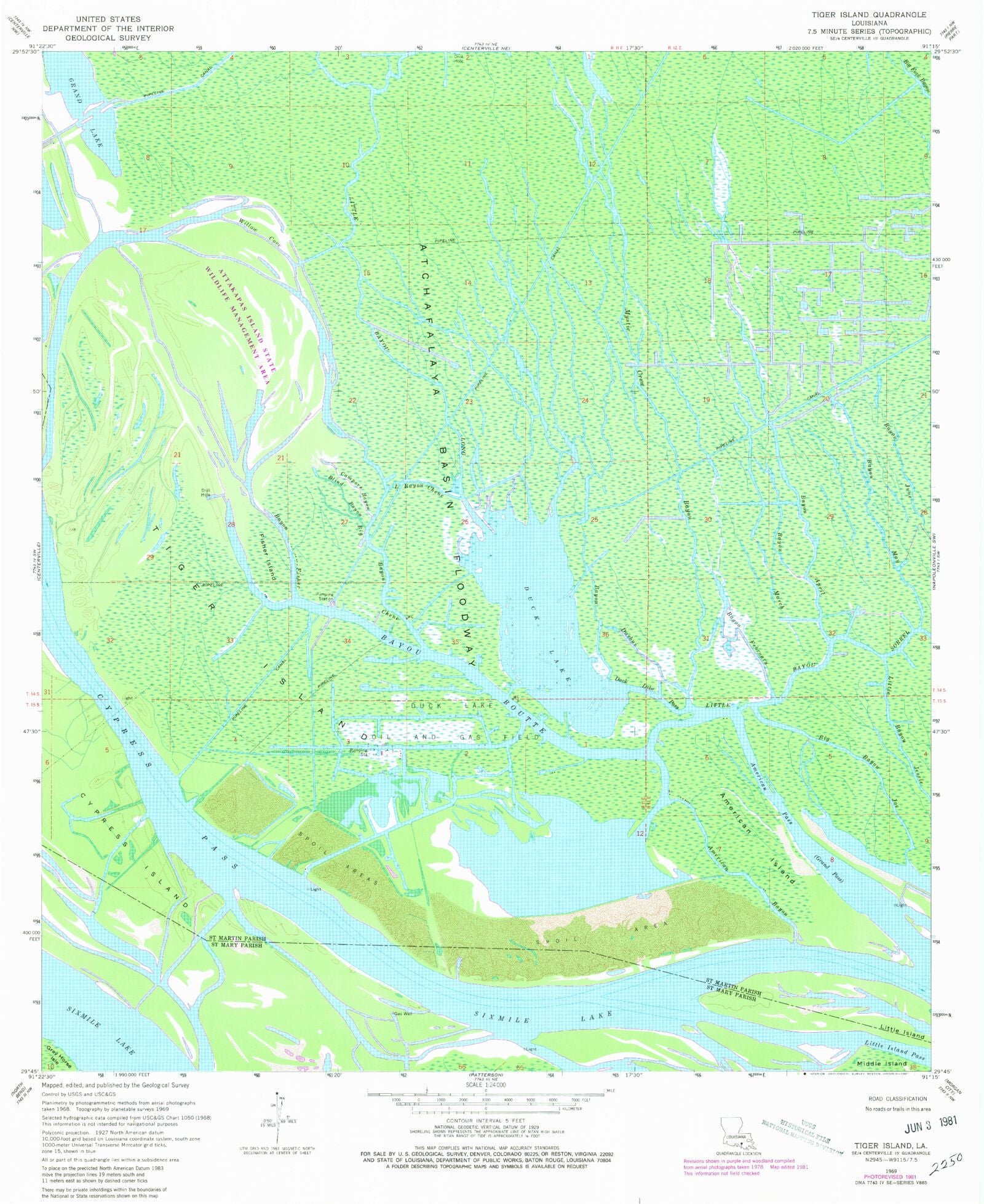 Classic USGS Tiger Island Louisiana 7.5'x7.5' Topo Map – MyTopo Map Store