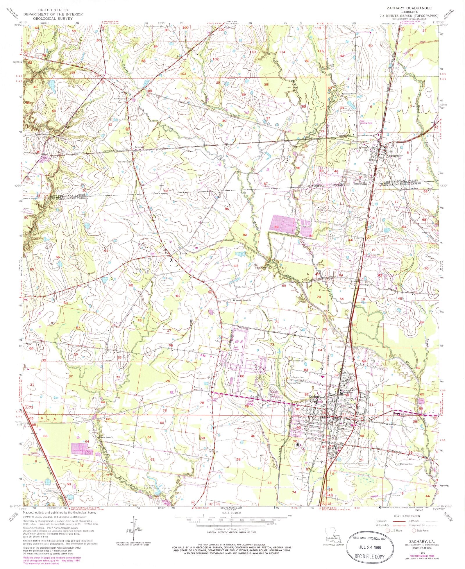 Classic USGS Zachary Louisiana 7.5'x7.5' Topo Map – MyTopo Map Store