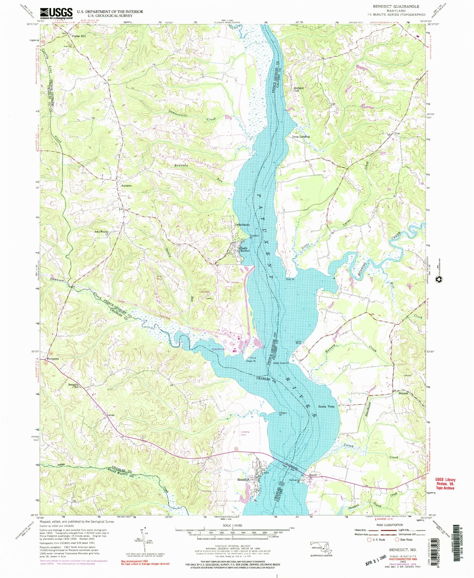Classic USGS Benedict Maryland 7.5'x7.5' Topo Map – MyTopo Map Store