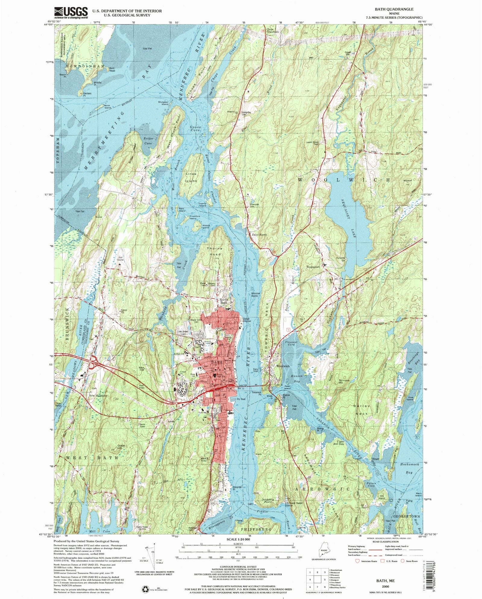 Classic USGS Bath Maine 7.5'x7.5' Topo Map – MyTopo Map Store