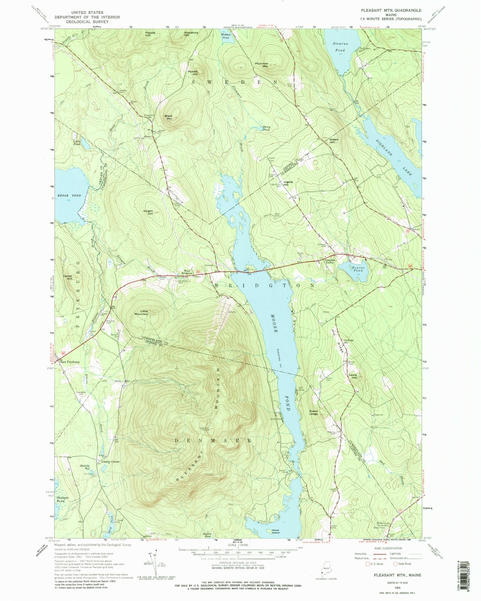 Classic USGS Pleasant Mountain Maine 7.5'x7.5' Topo Map – MyTopo Map Store
