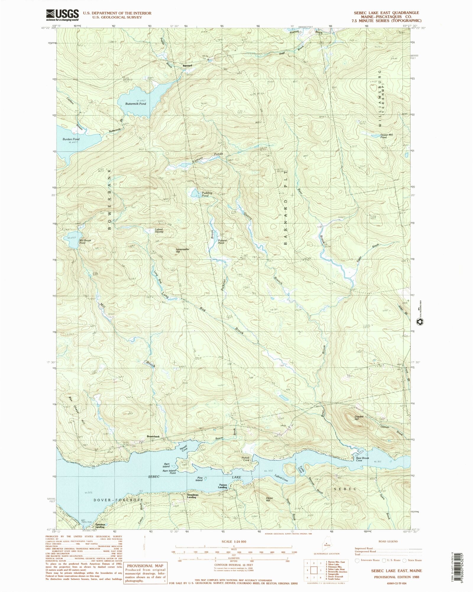 Classic USGS Sebec Lake East Maine 7.5'x7.5' Topo Map – MyTopo Map Store
