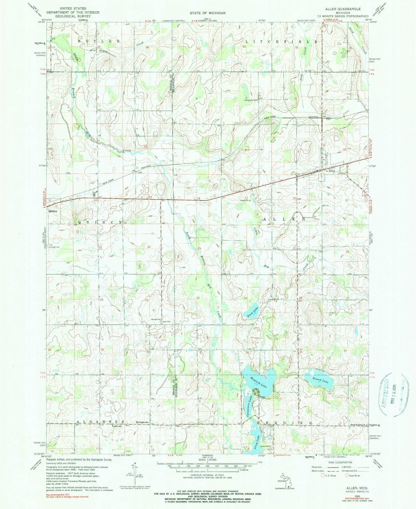 Classic USGS Allen Michigan 7.5'x7.5' Topo Map – MyTopo Map Store