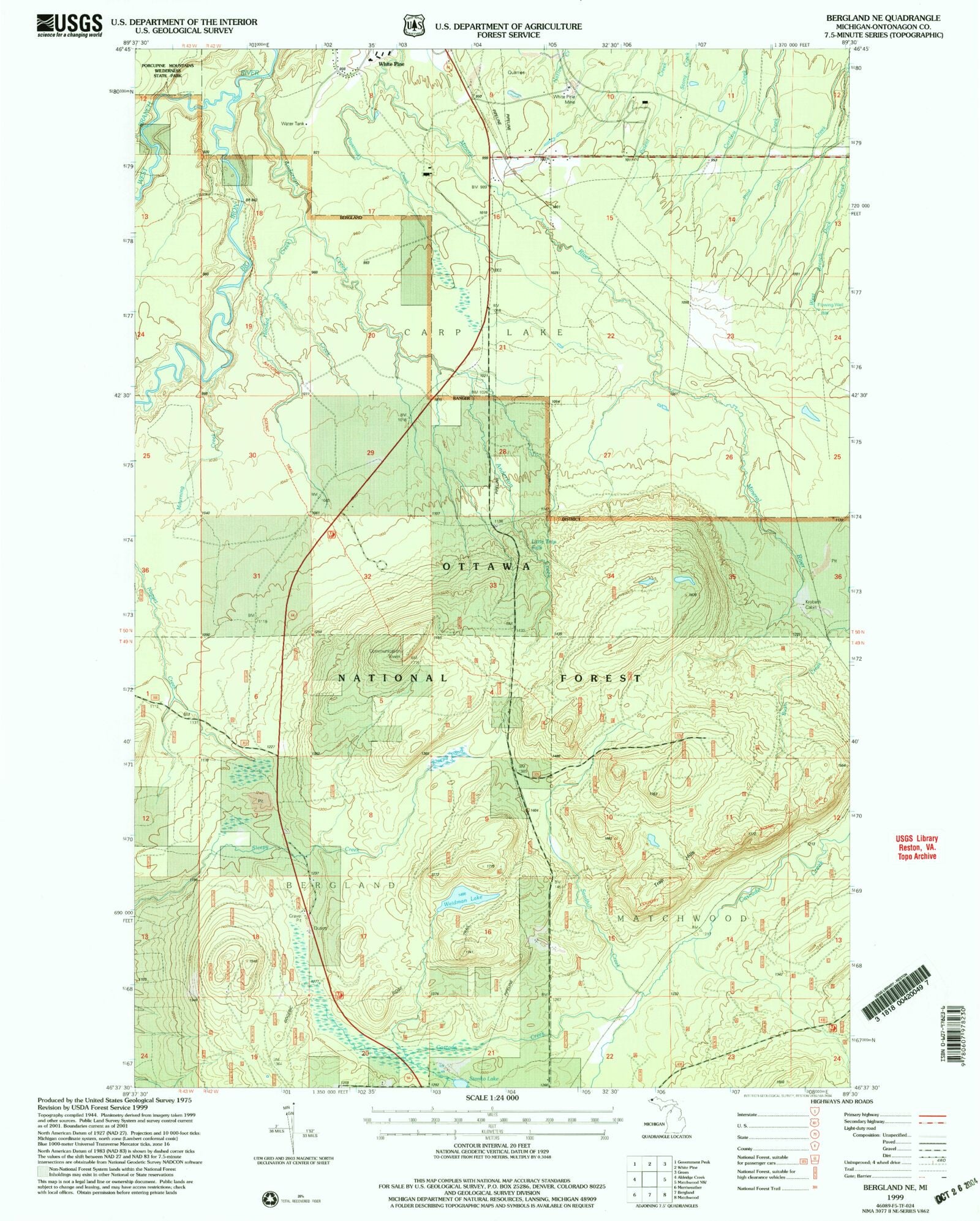 Classic USGS Bergland NE Michigan 7.5'x7.5' Topo Map – MyTopo Map Store