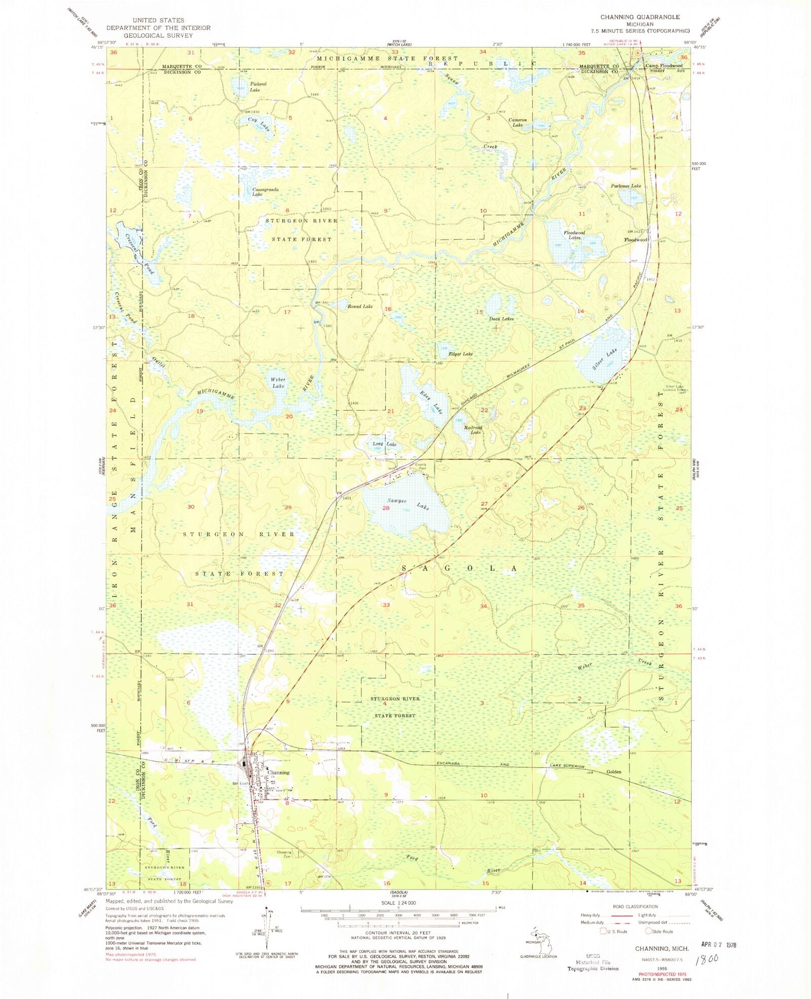 Classic USGS Channing Michigan 7.5'x7.5' Topo Map – MyTopo Map Store