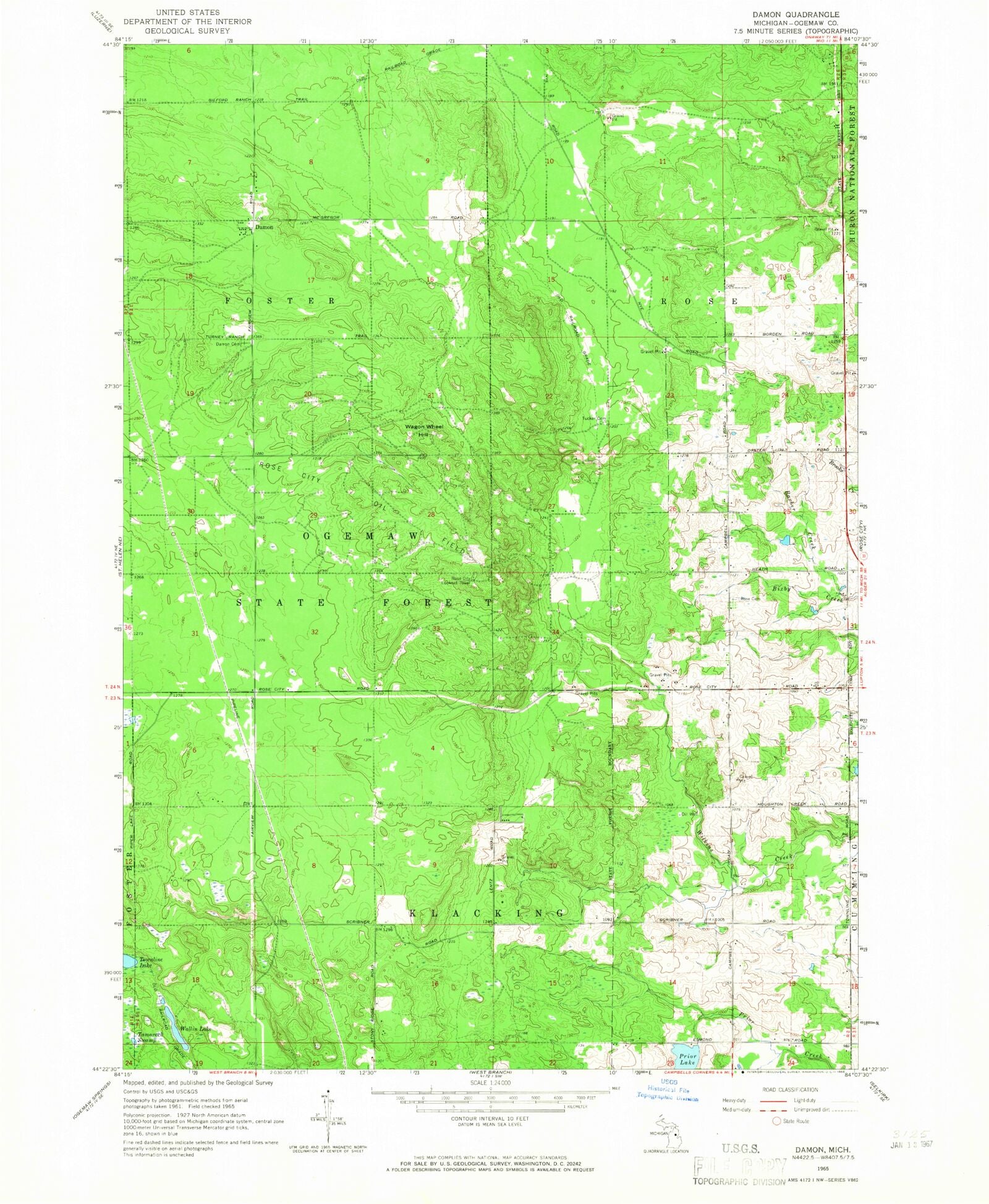 Classic USGS Damon Michigan 7.5'x7.5' Topo Map – MyTopo Map Store