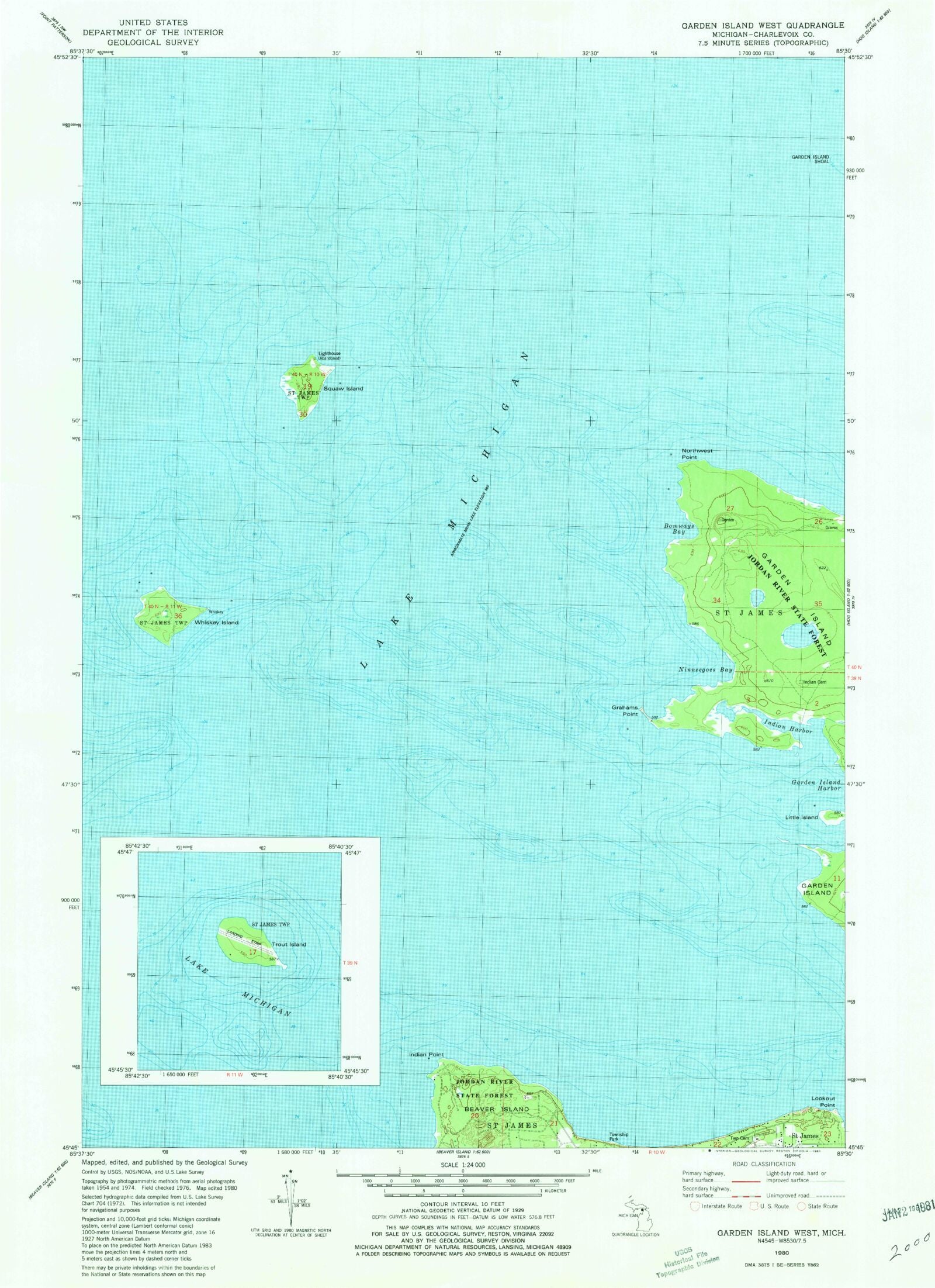 Classic USGS Garden Island West Michigan 7.5'x7.5' Topo Map – MyTopo ...