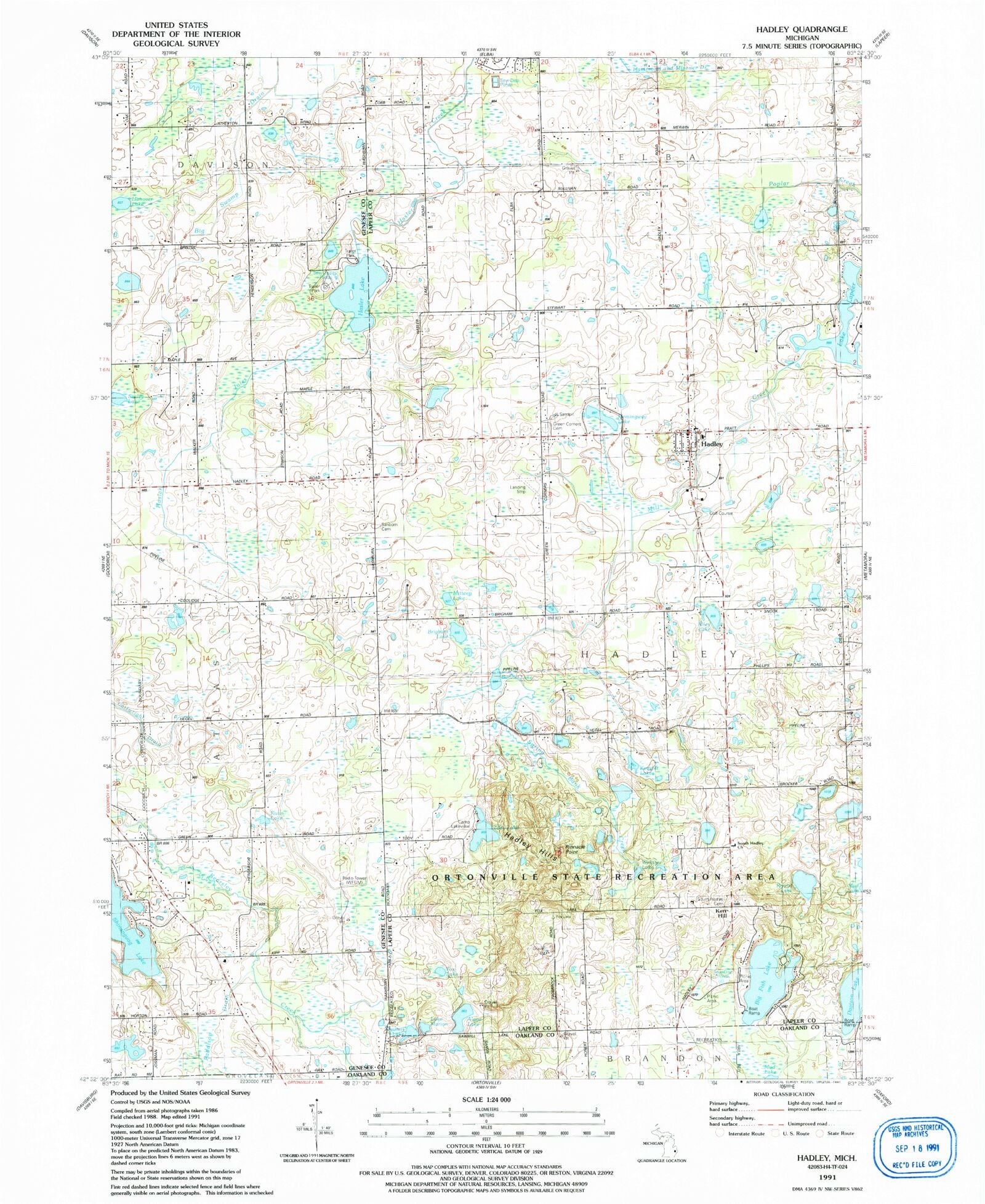 Classic USGS Hadley Michigan 7.5'x7.5' Topo Map – MyTopo Map Store