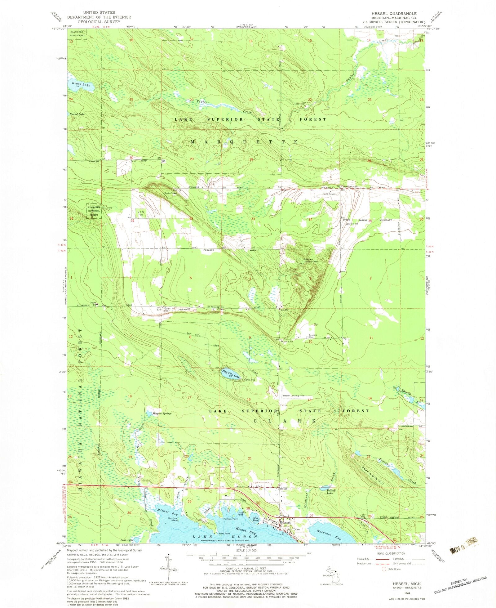 Classic USGS Hessel Michigan 7.5'x7.5' Topo Map – MyTopo Map Store