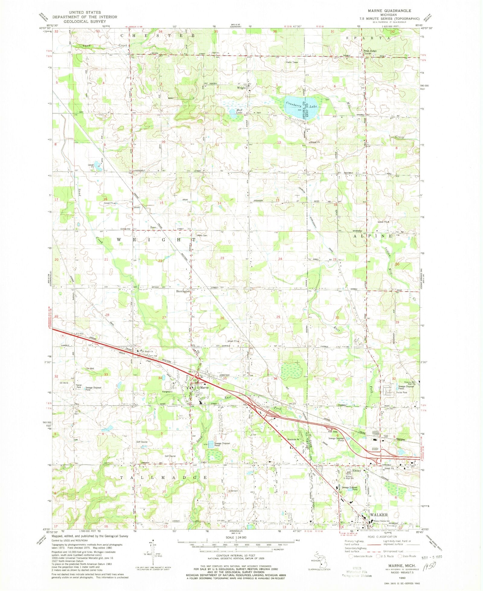 Classic USGS Marne Michigan 7.5'x7.5' Topo Map – MyTopo Map Store