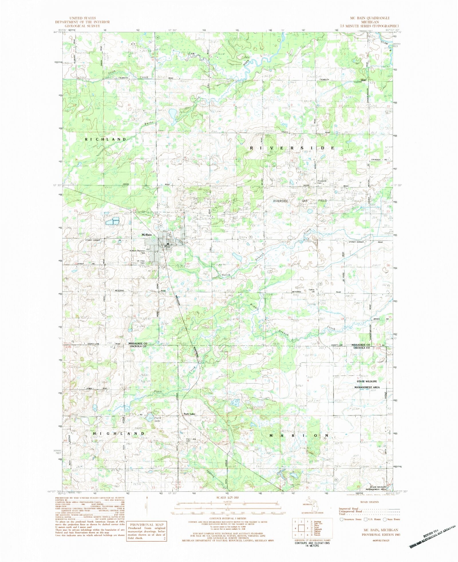 Classic USGS McBain Michigan 7.5'x7.5' Topo Map – MyTopo Map Store