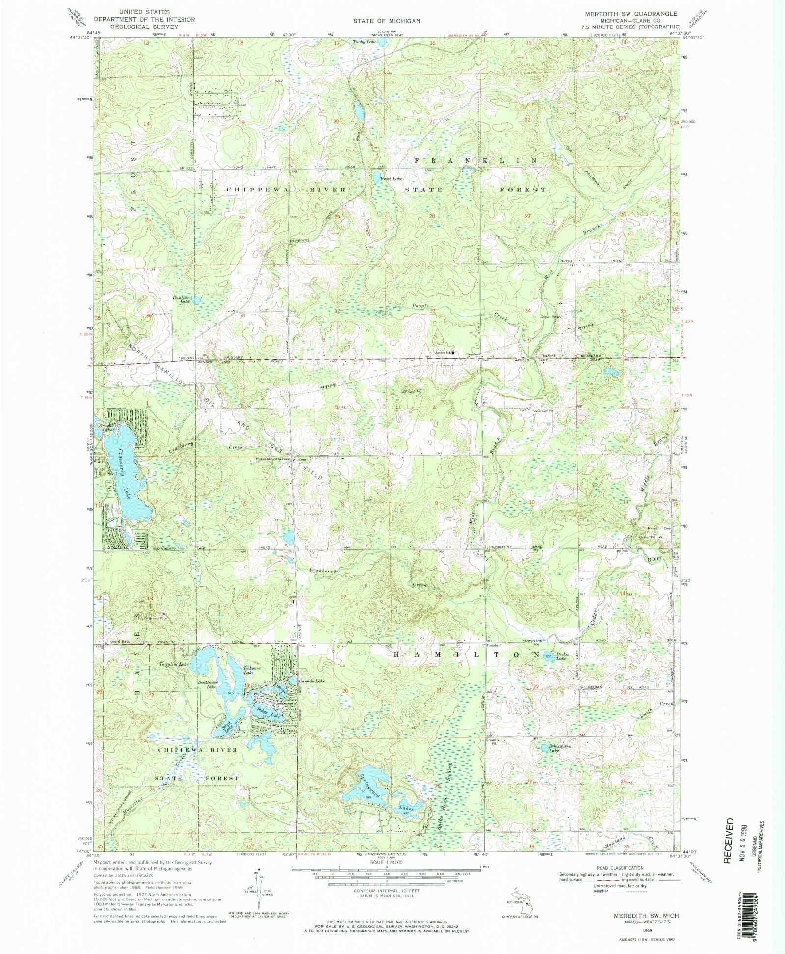 Classic USGS Meredith SW Michigan 7.5'x7.5' Topo Map – MyTopo Map Store