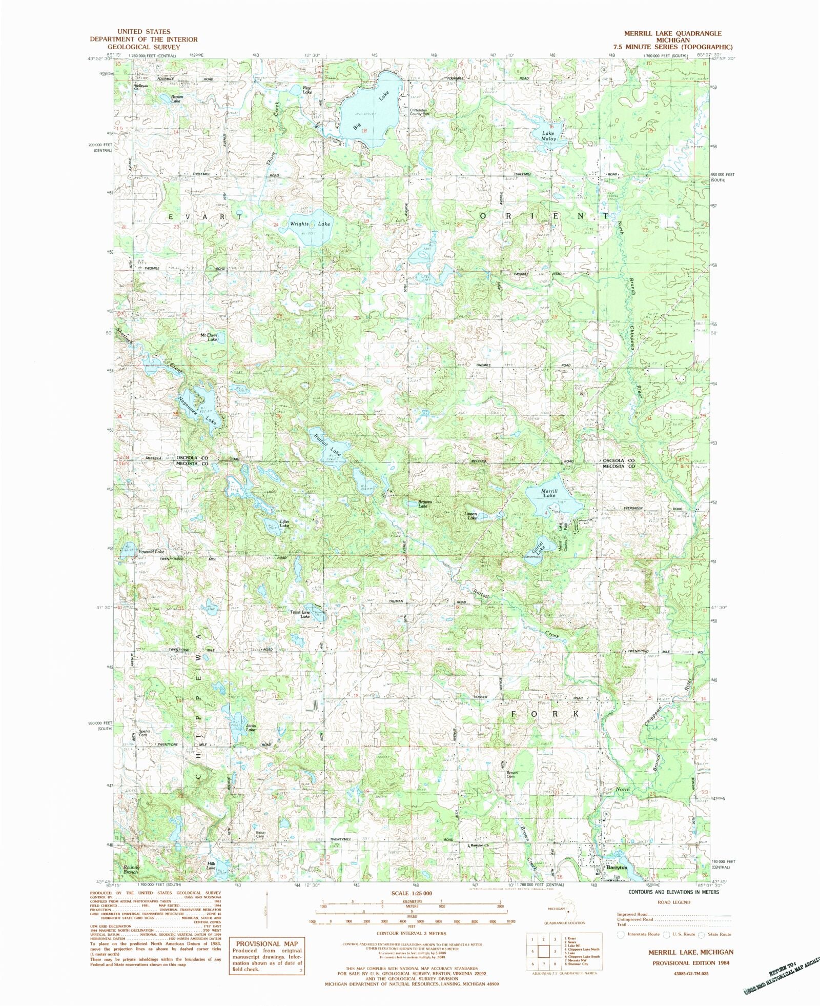 Classic USGS Merrill Lake Michigan 7.5'x7.5' Topo Map – MyTopo Map Store