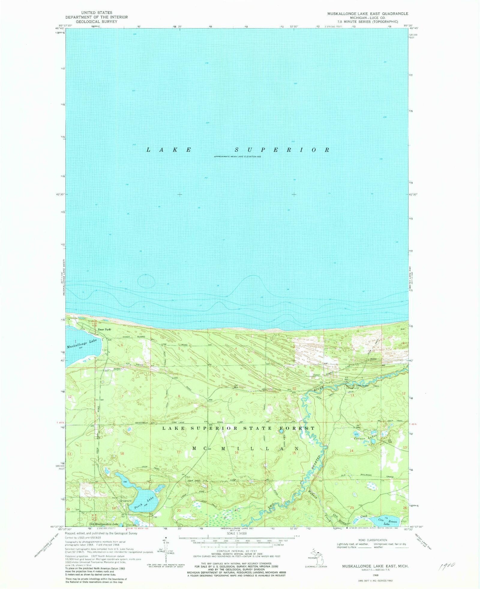 Classic USGS Muskallonge Lake East Michigan 7.5'x7.5' Topo Map – MyTopo ...