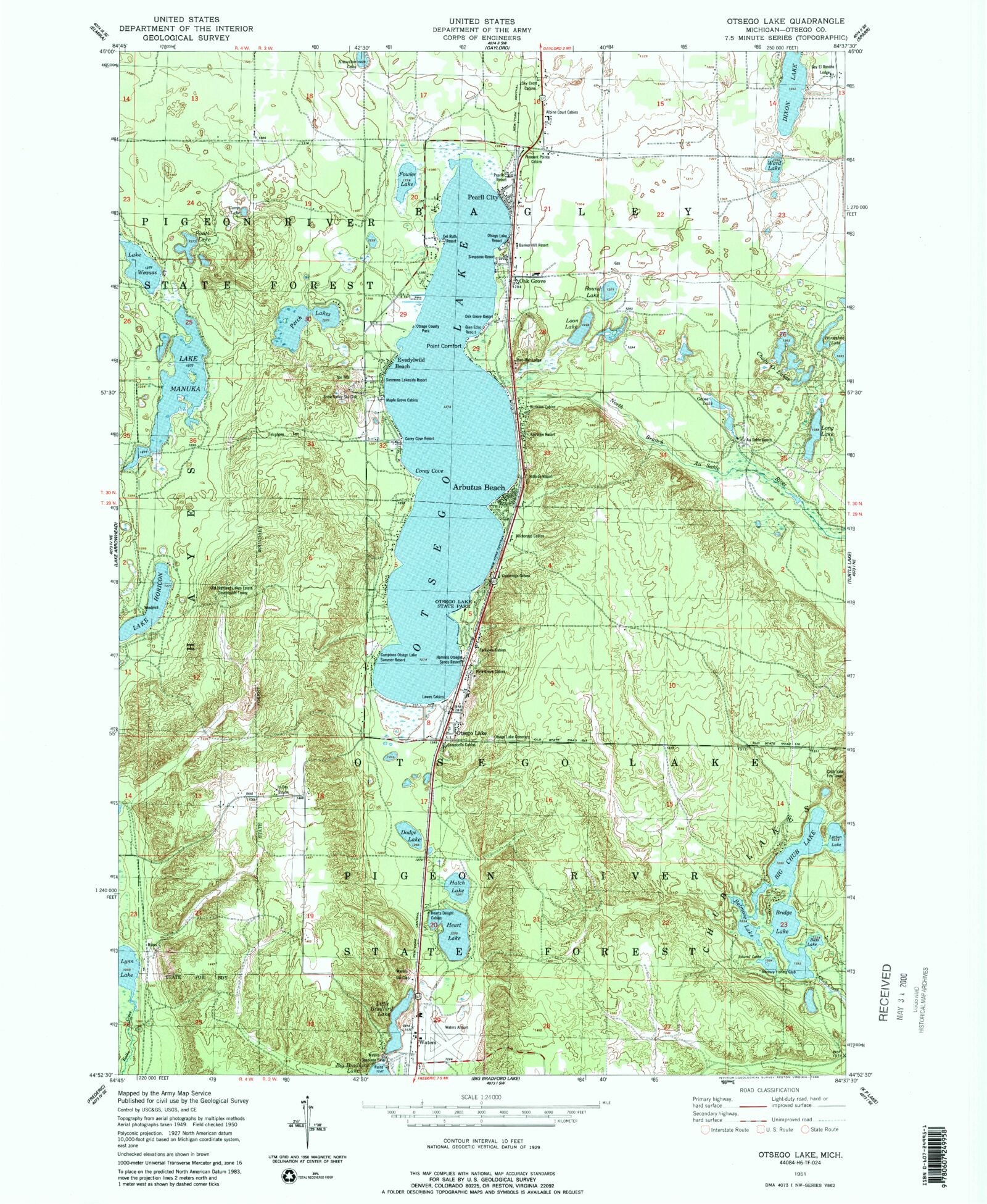 Classic USGS Otsego Lake Michigan 7.5'x7.5' Topo Map – MyTopo Map Store
