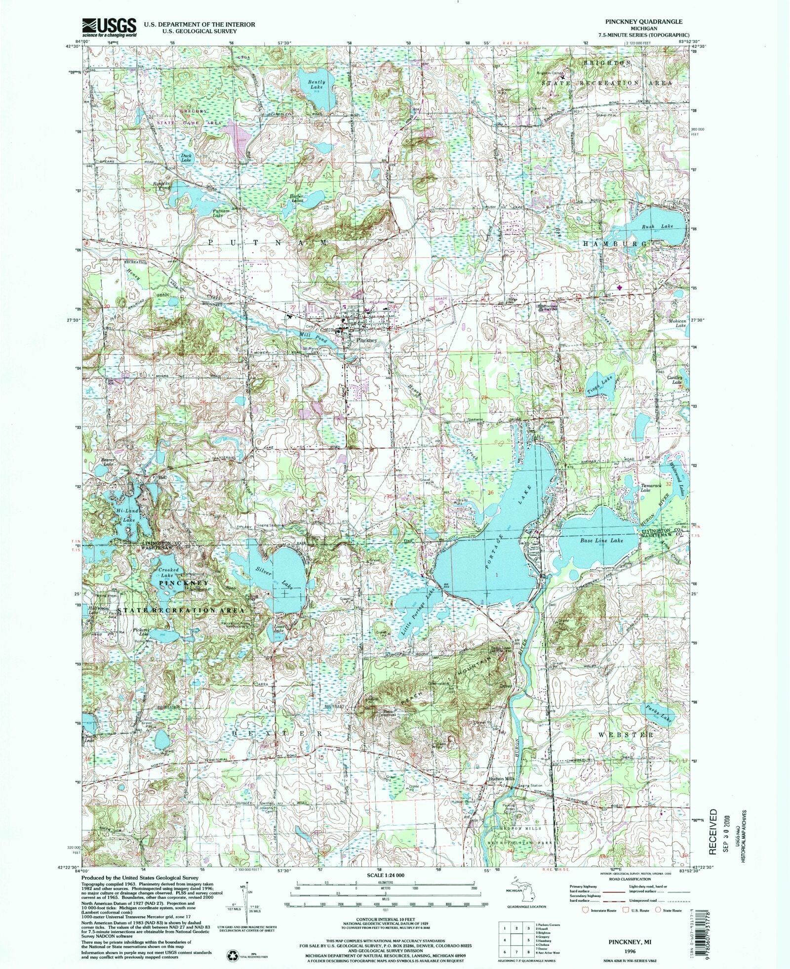 Classic USGS Pinckney Michigan 7.5'x7.5' Topo Map – MyTopo Map Store