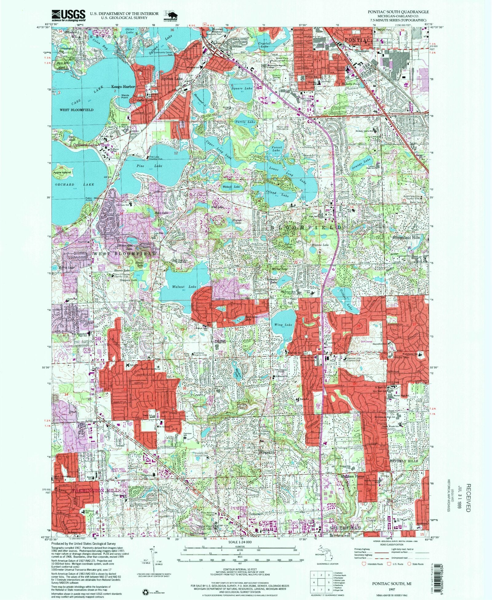 Classic USGS Pontiac South Michigan 7.5'x7.5' Topo Map – MyTopo Map Store