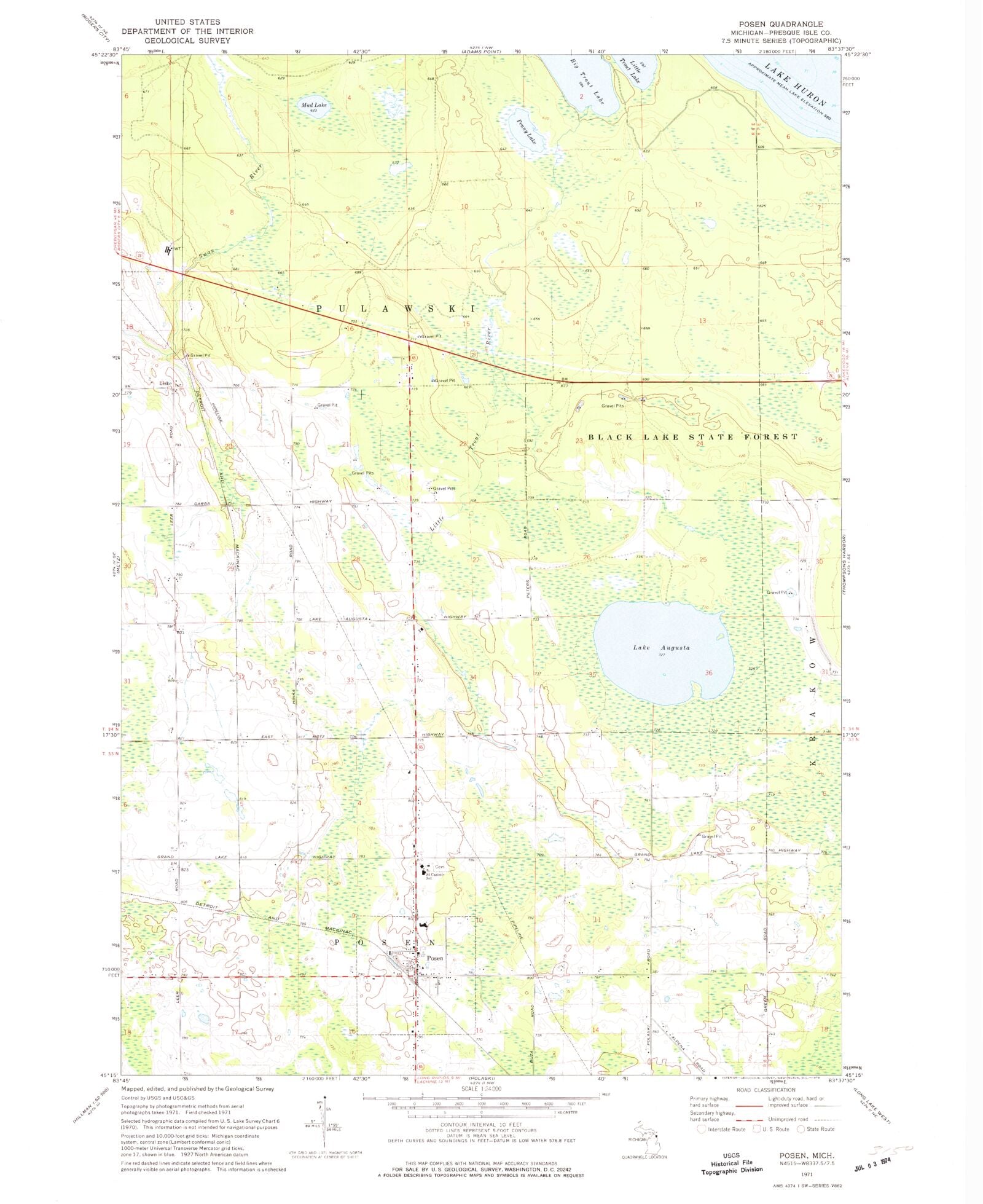 Classic USGS Posen Michigan 7.5'x7.5' Topo Map – MyTopo Map Store