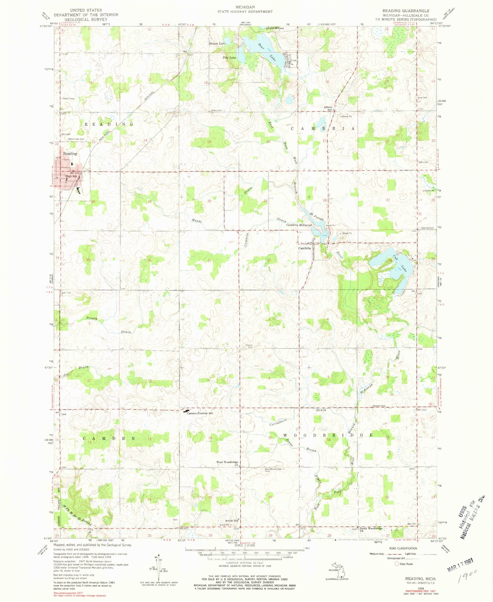 Classic USGS Reading Michigan 7.5'x7.5' Topo Map – MyTopo Map Store