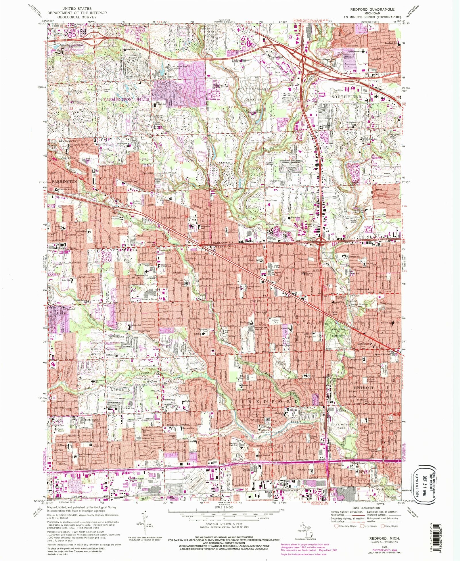 Classic USGS Redford Michigan 7.5'x7.5' Topo Map – MyTopo Map Store