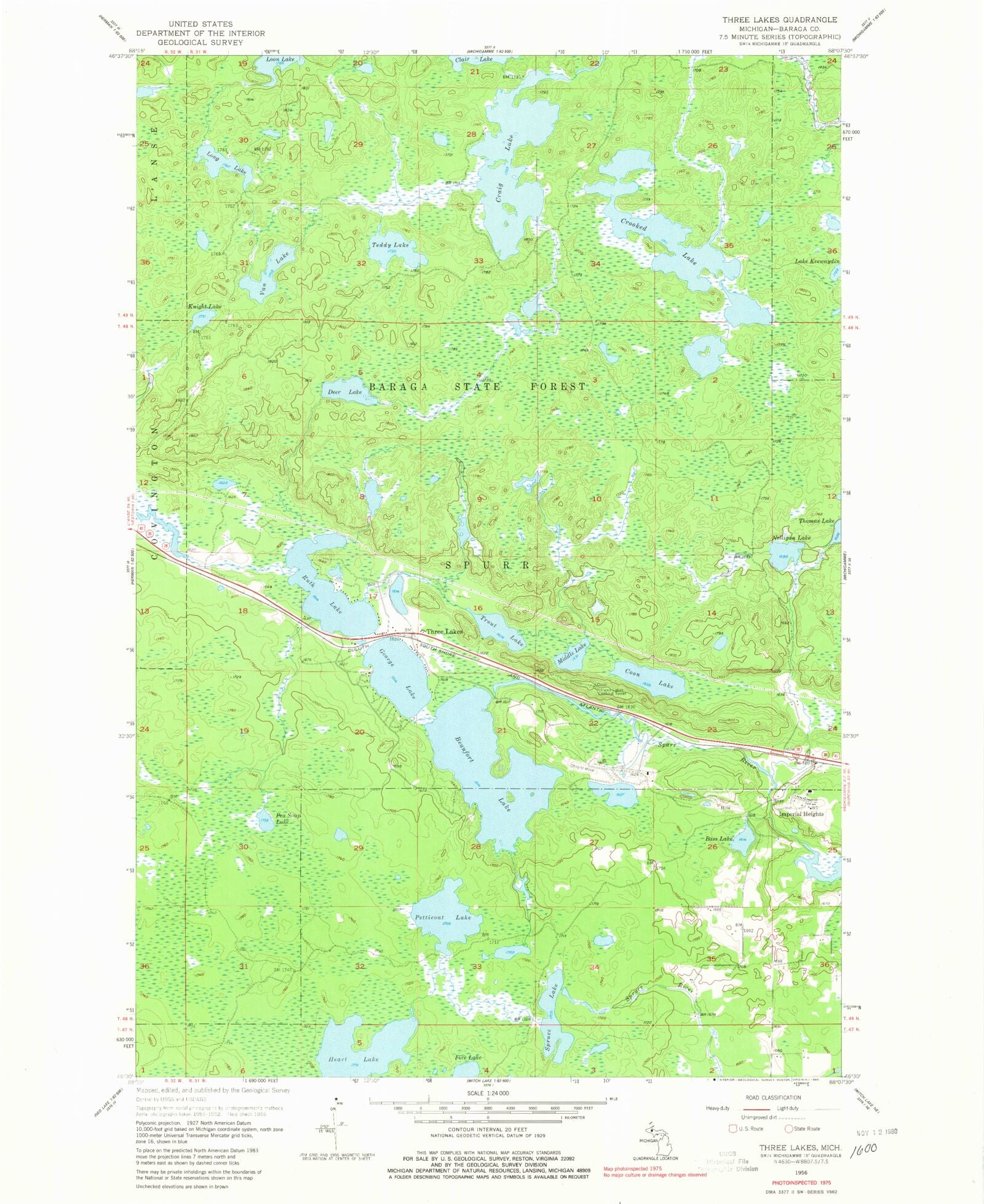 Classic USGS Three Lakes Michigan 7.5'x7.5' Topo Map – MyTopo Map Store