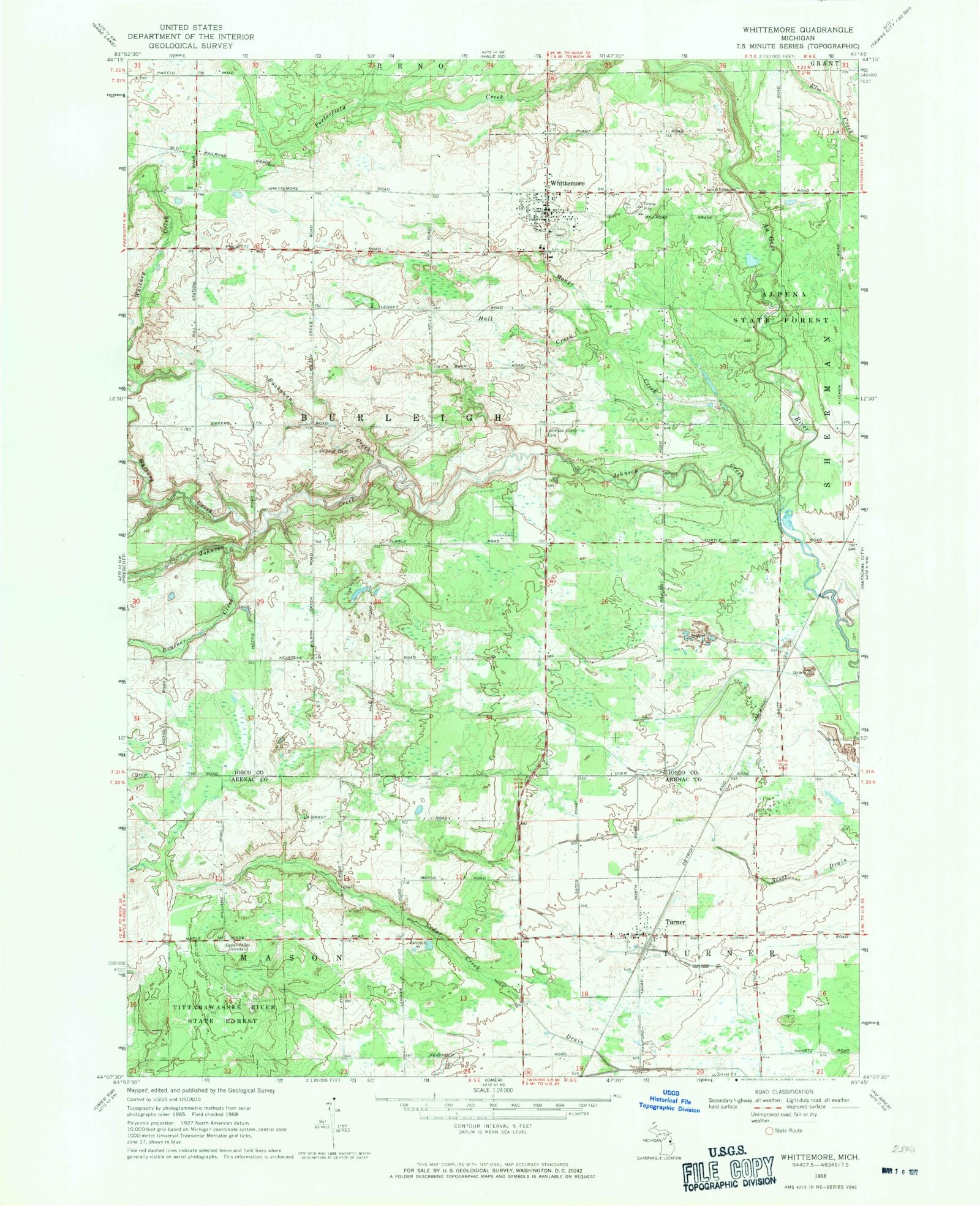 Classic USGS Whittemore Michigan 7.5'x7.5' Topo Map – MyTopo Map Store