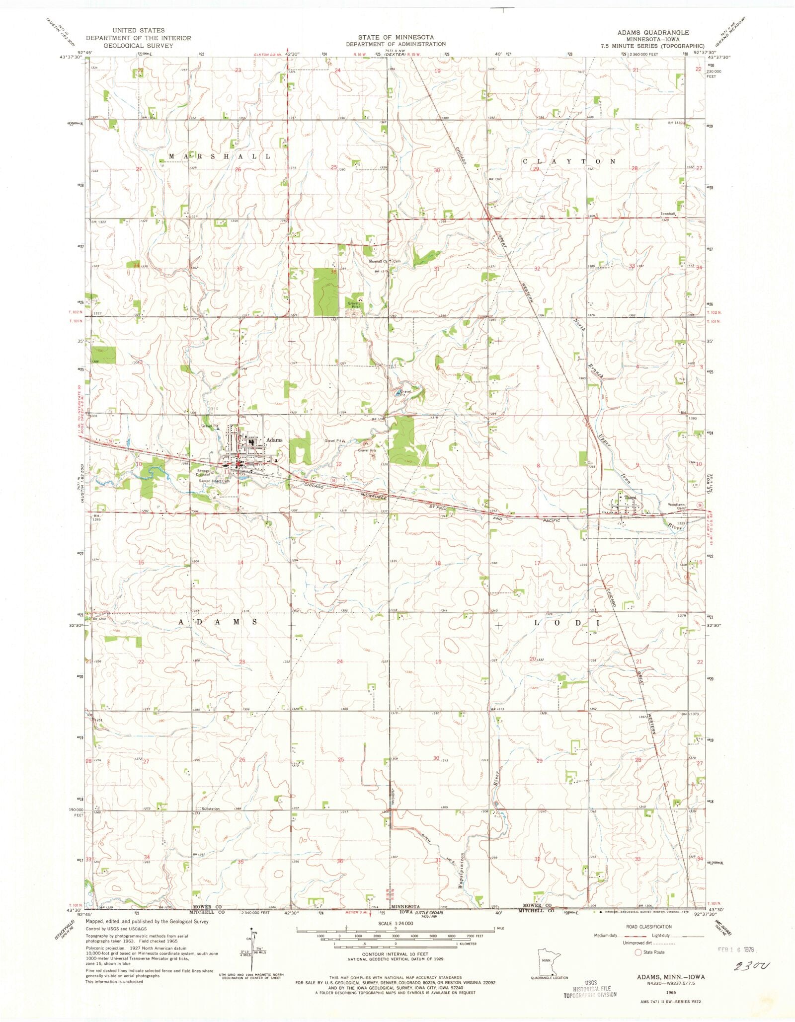 Classic USGS Adams Minnesota 7.5'x7.5' Topo Map – MyTopo Map Store