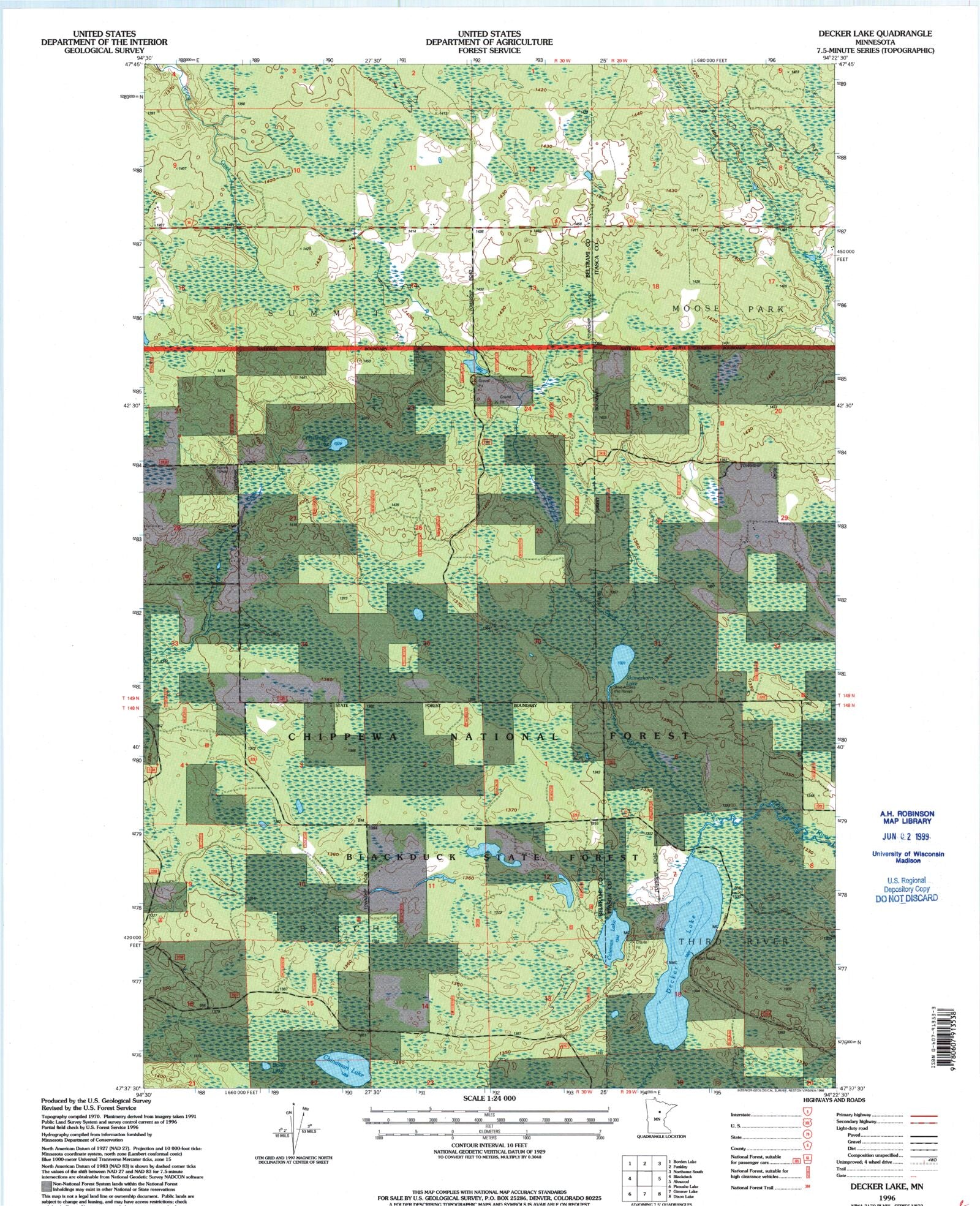 Classic USGS Decker Lake Minnesota 7.5'x7.5' Topo Map – MyTopo Map Store