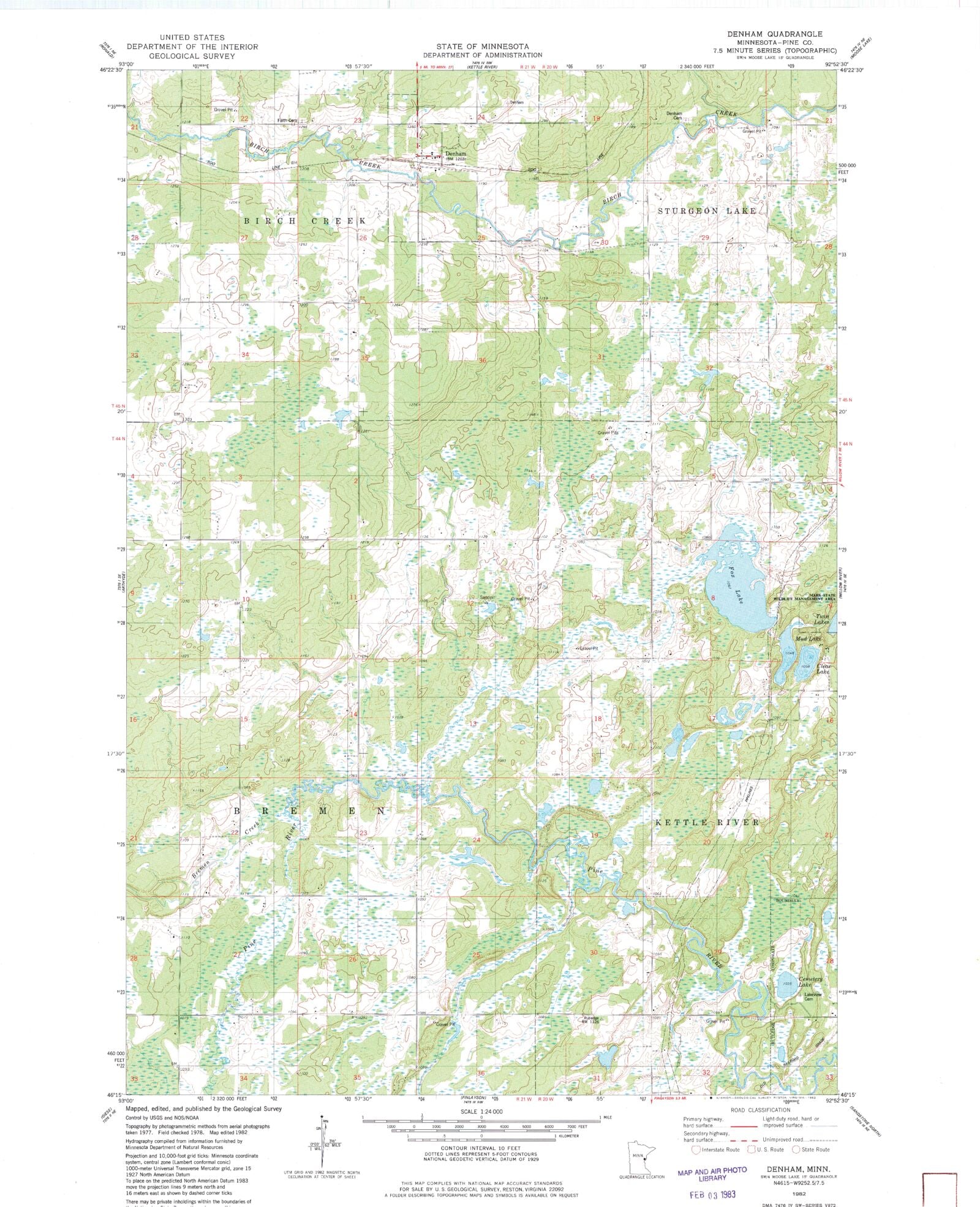 Classic USGS Denham Minnesota 7.5'x7.5' Topo Map – MyTopo Map Store