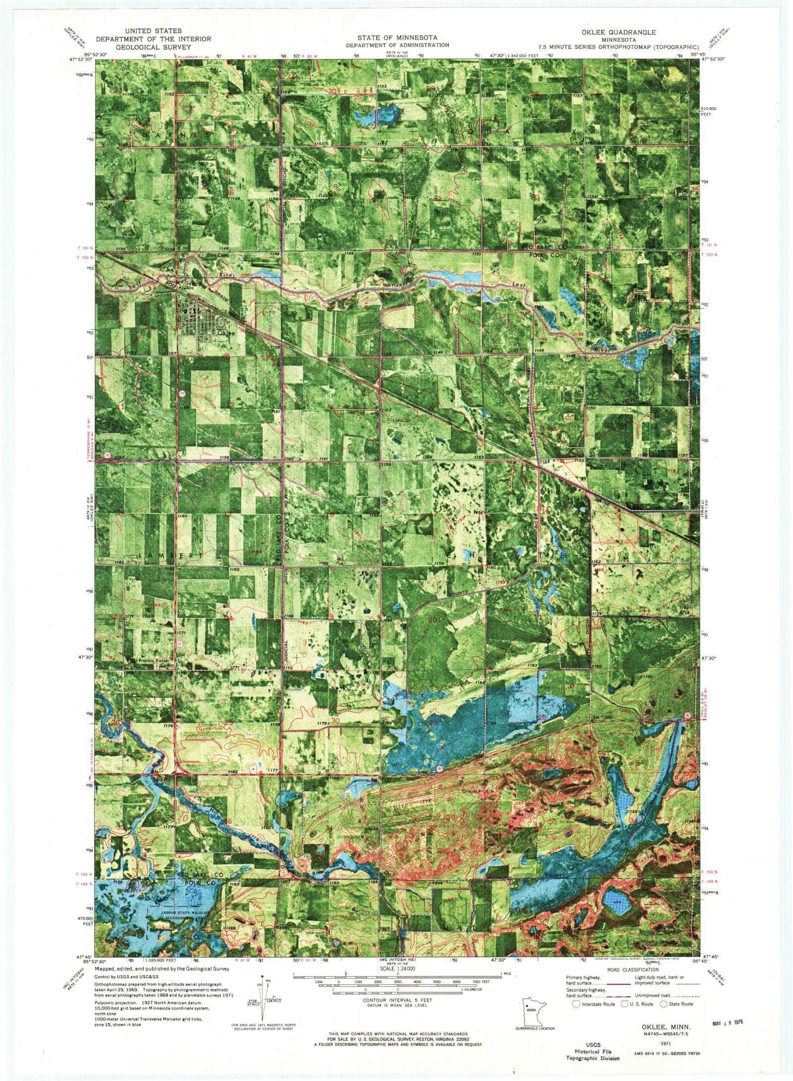 Classic USGS Oklee Minnesota 7.5'x7.5' Topo Map – MyTopo Map Store