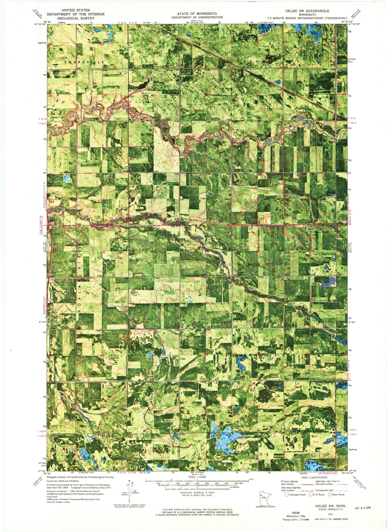 Classic USGS Oklee SW Minnesota 7.5'x7.5' Topo Map – MyTopo Map Store
