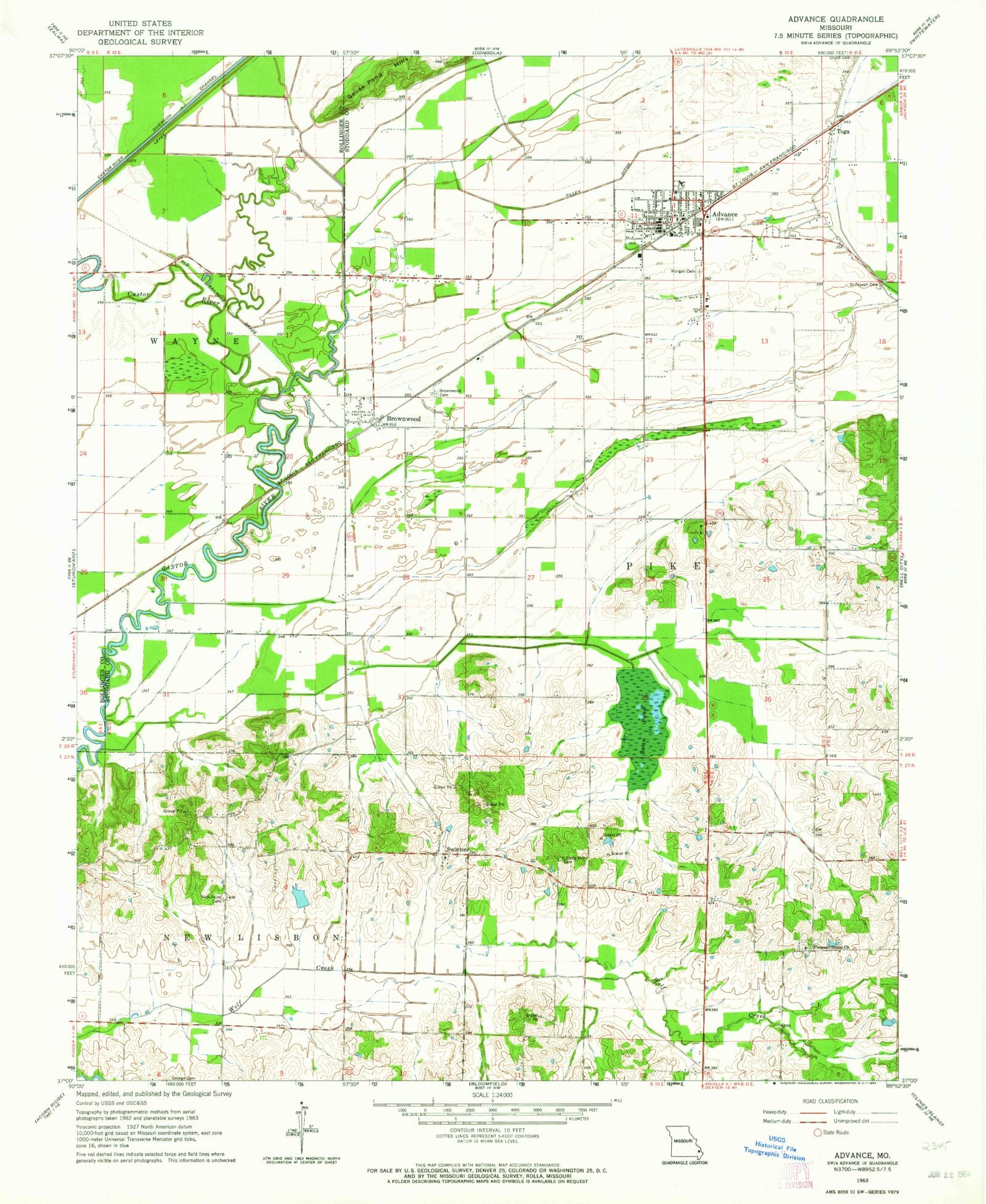 Classic USGS Advance Missouri 7.5'x7.5' Topo Map – MyTopo Map Store
