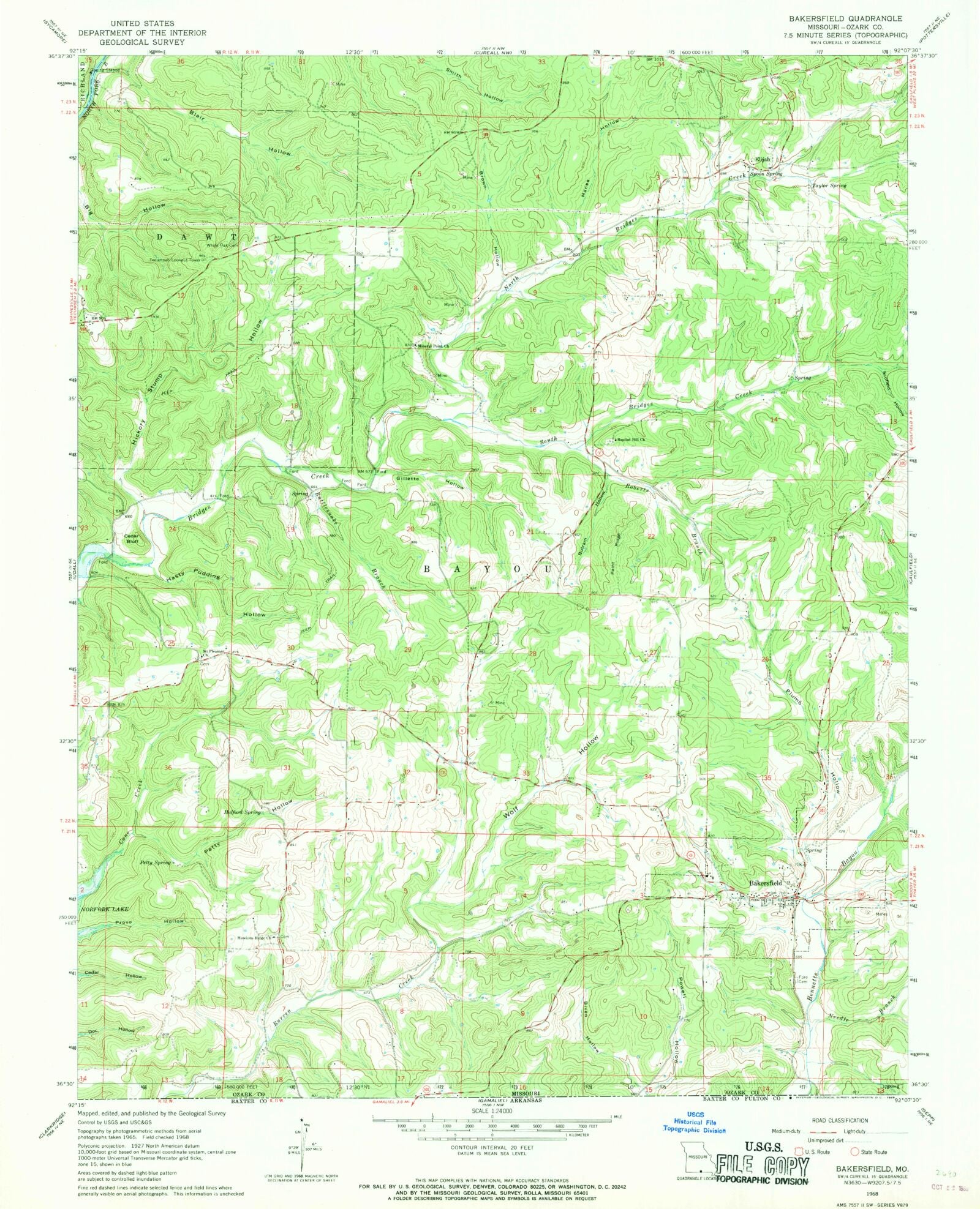 Classic USGS Bakersfield Missouri 7.5'x7.5' Topo Map – MyTopo Map Store