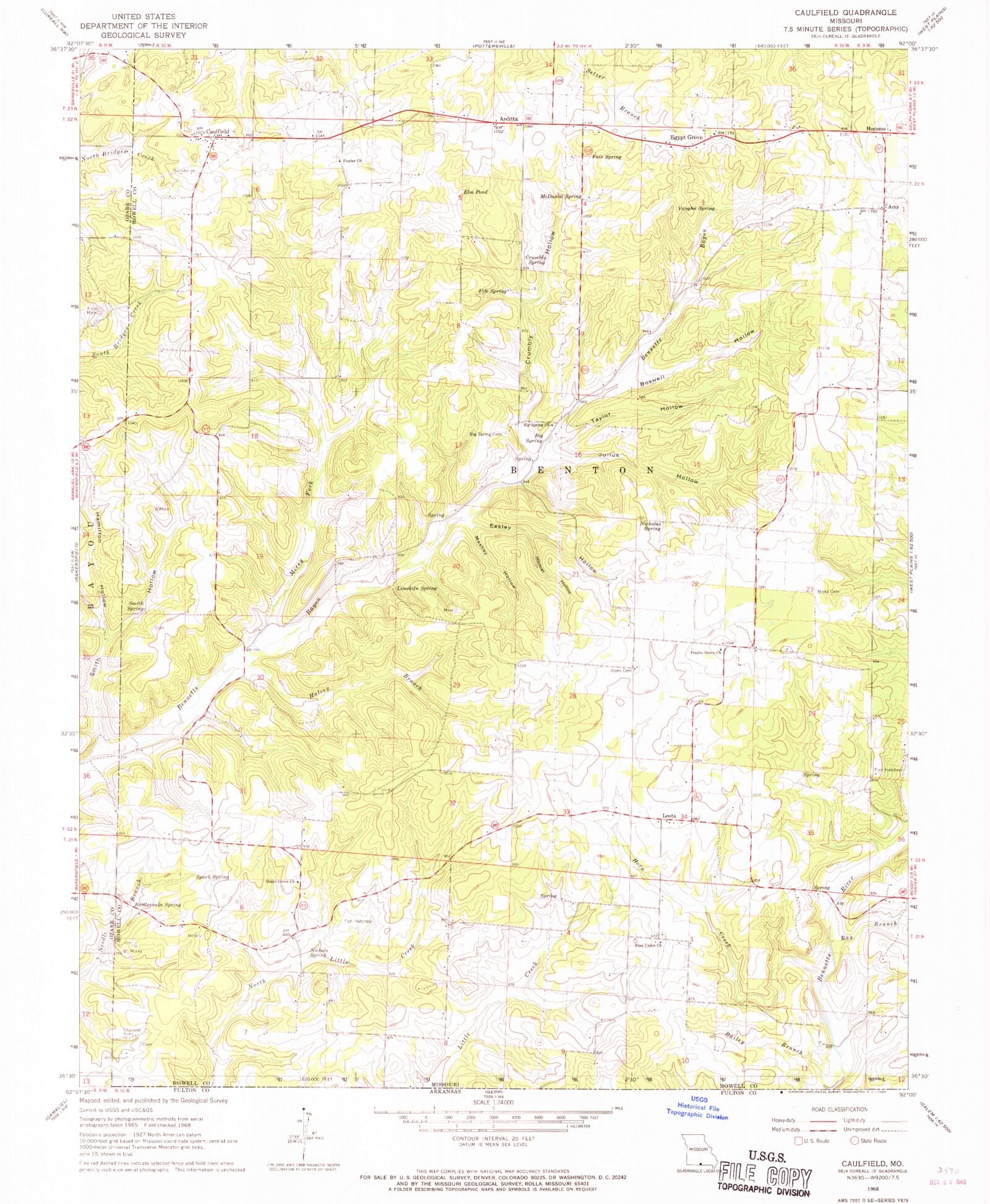 Classic USGS Caulfield Missouri 7.5'x7.5' Topo Map – MyTopo Map Store