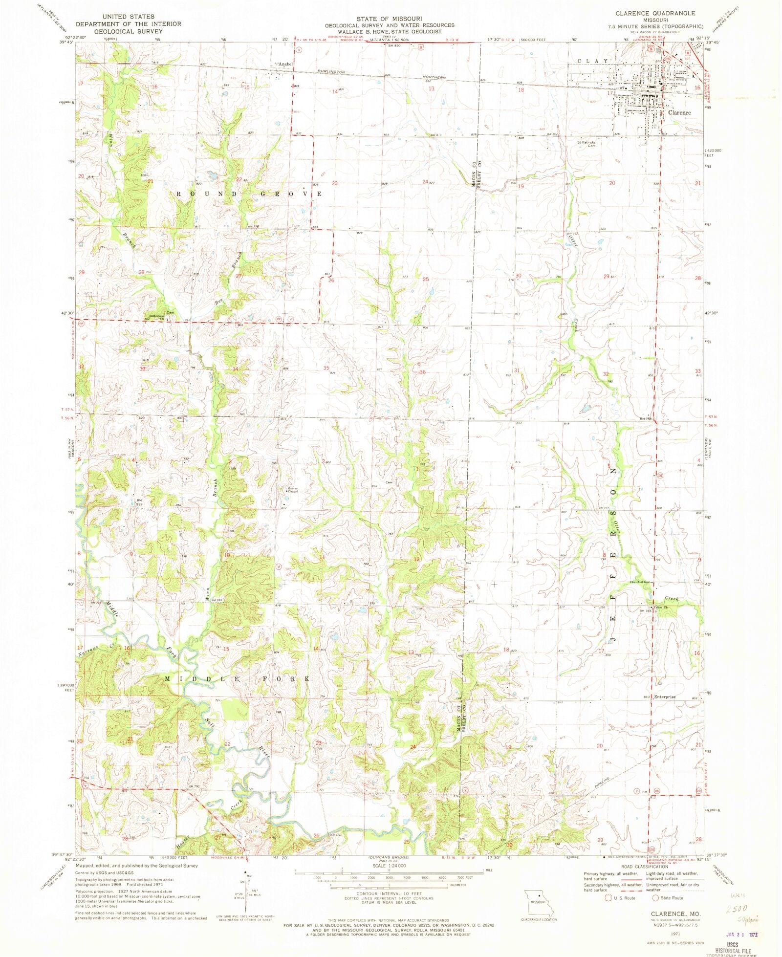 Classic USGS Clarence Missouri 7.5'x7.5' Topo Map – MyTopo Map Store