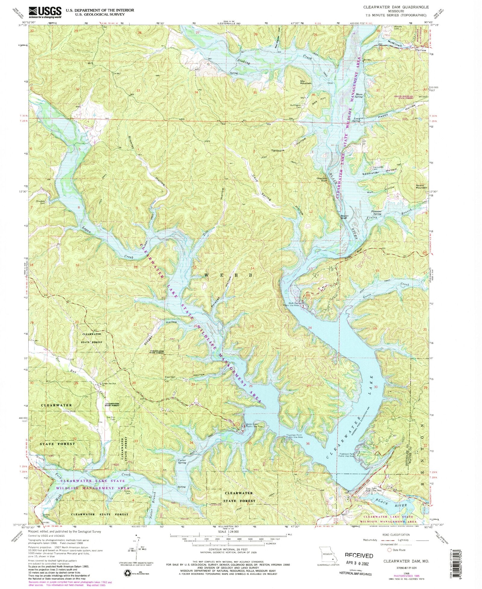 Classic USGS Clearwater Dam Missouri 7.5'x7.5' Topo Map – MyTopo Map Store