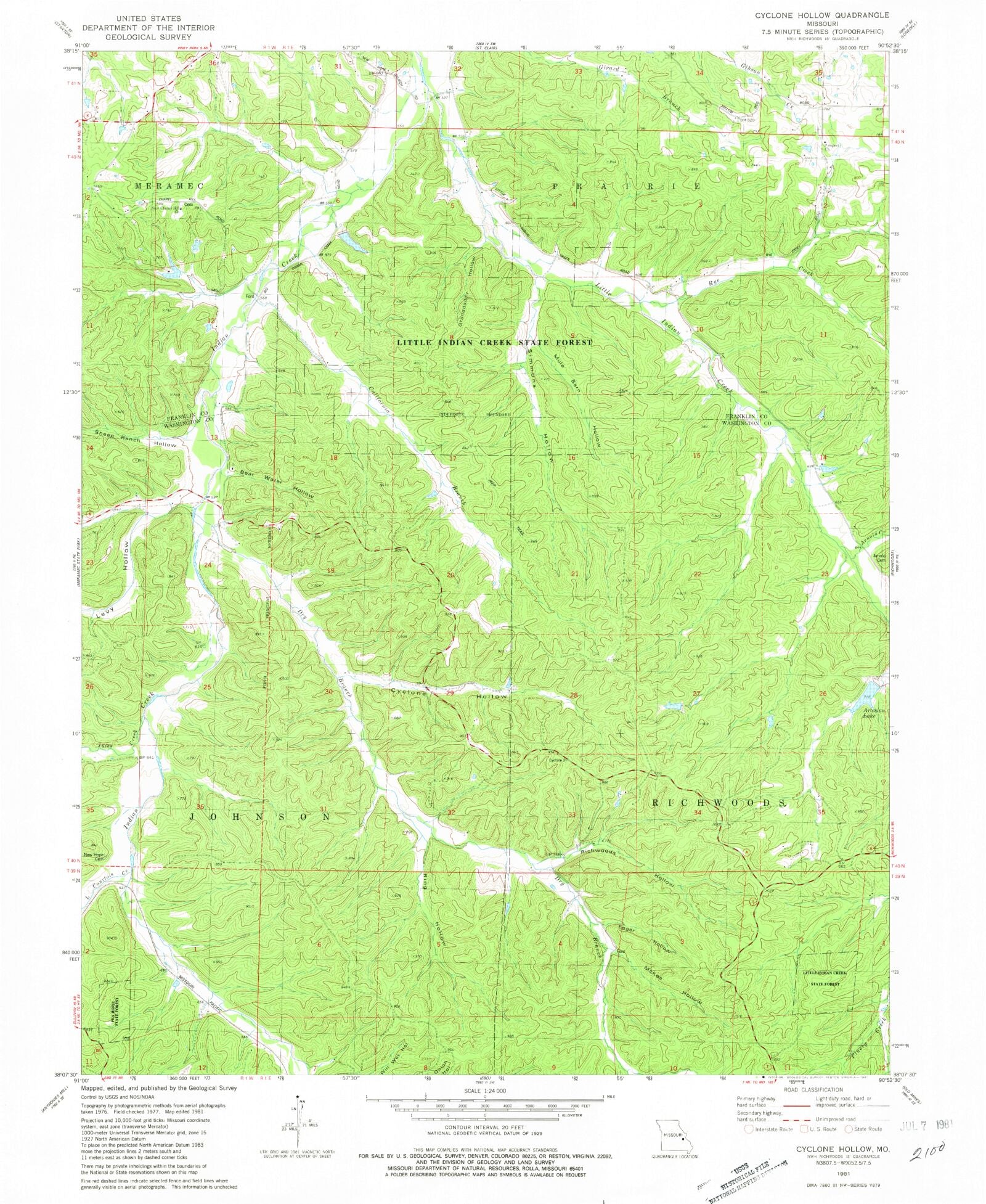 Classic USGS Cyclone Hollow Missouri 7.5'x7.5' Topo Map – MyTopo Map Store