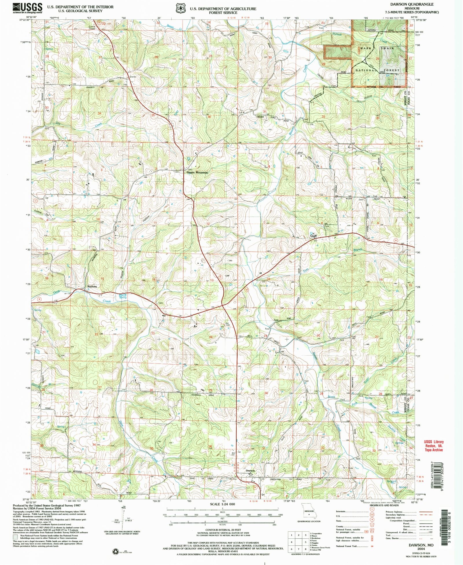 Classic USGS Dawson Missouri 7.5'x7.5' Topo Map – MyTopo Map Store