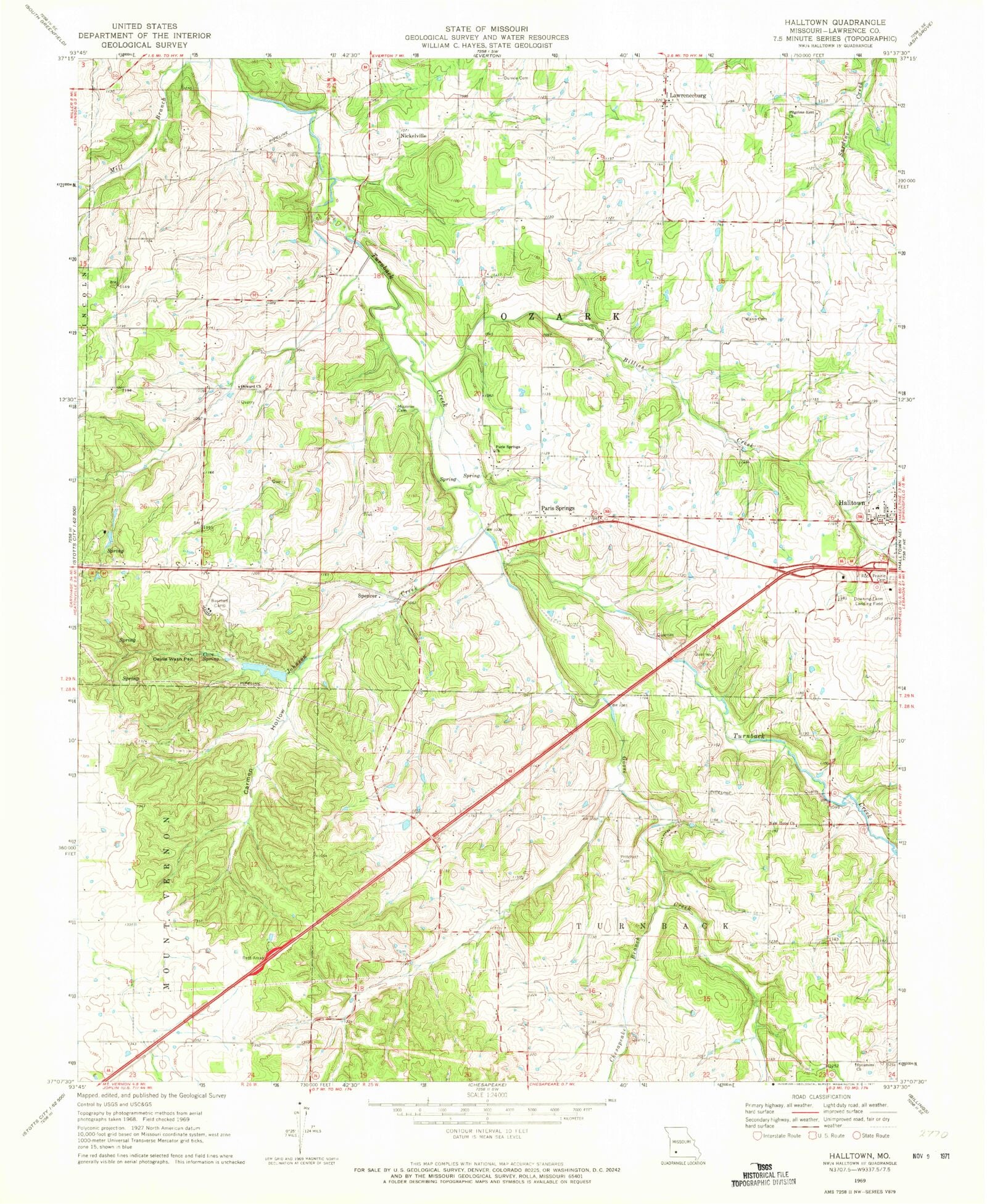Classic USGS Halltown Missouri 7.5'x7.5' Topo Map – MyTopo Map Store