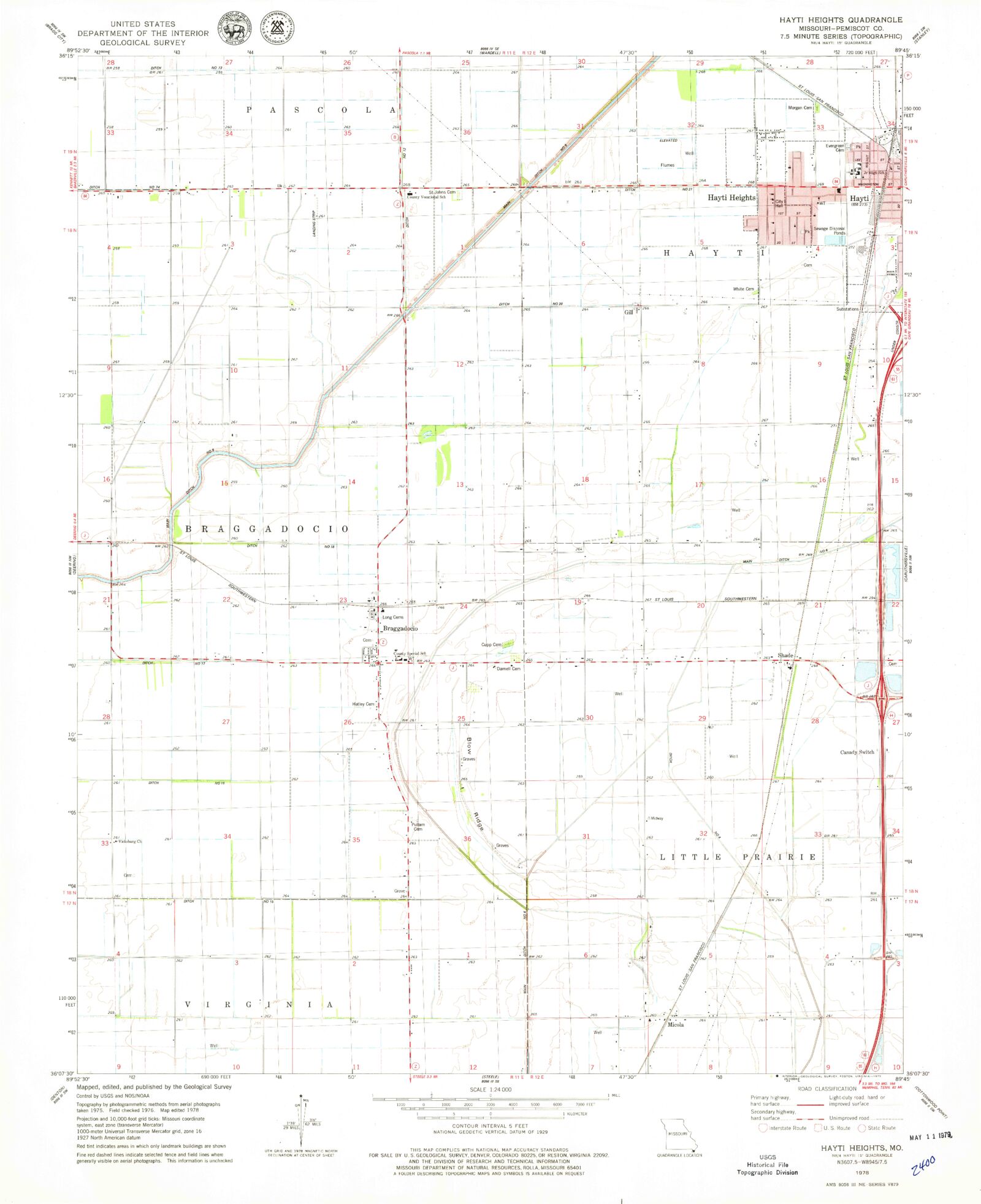 Classic USGS Hayti Heights Missouri 7.5'x7.5' Topo Map – MyTopo Map Store