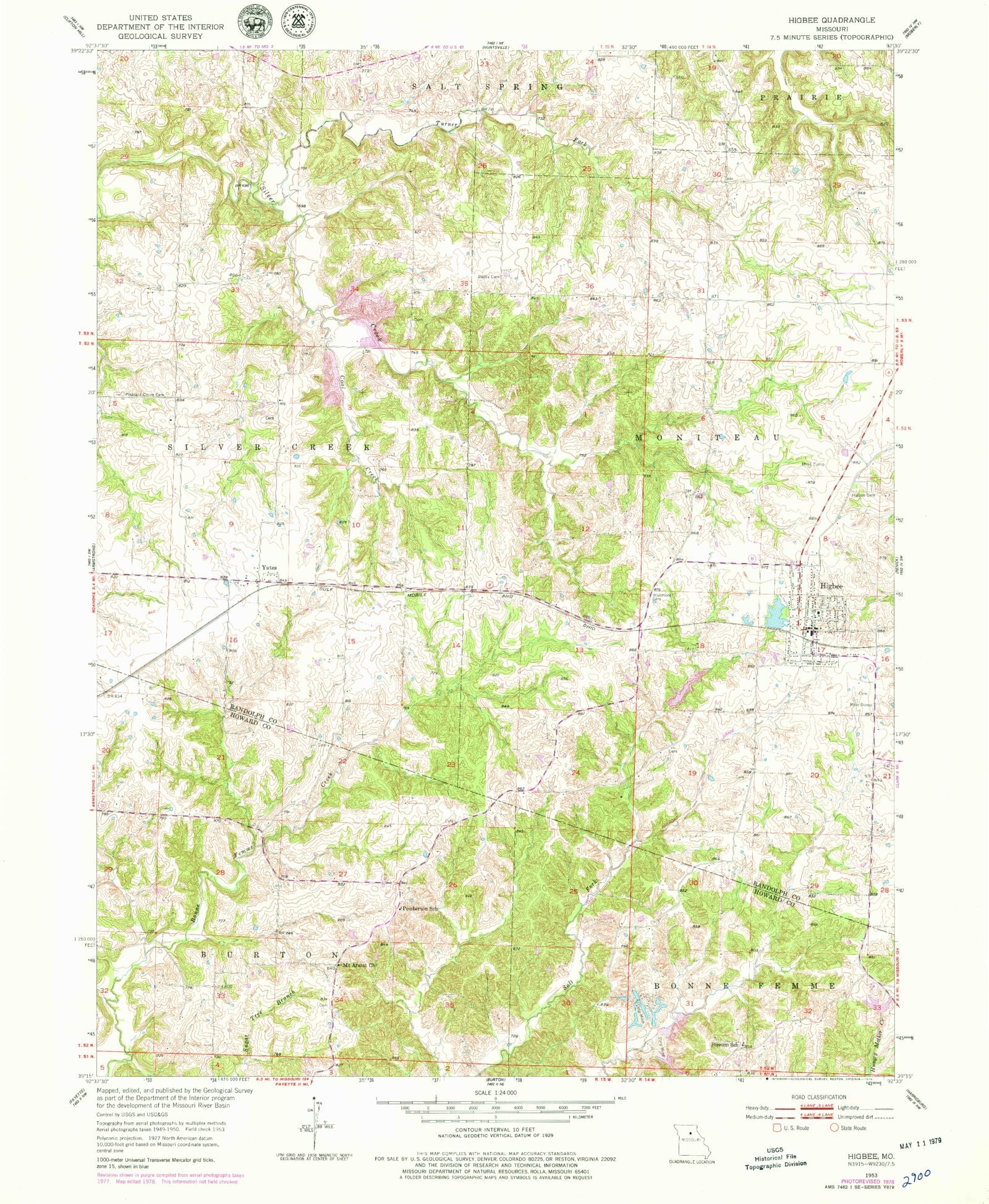 Classic USGS Higbee Missouri 7.5'x7.5' Topo Map – MyTopo Map Store
