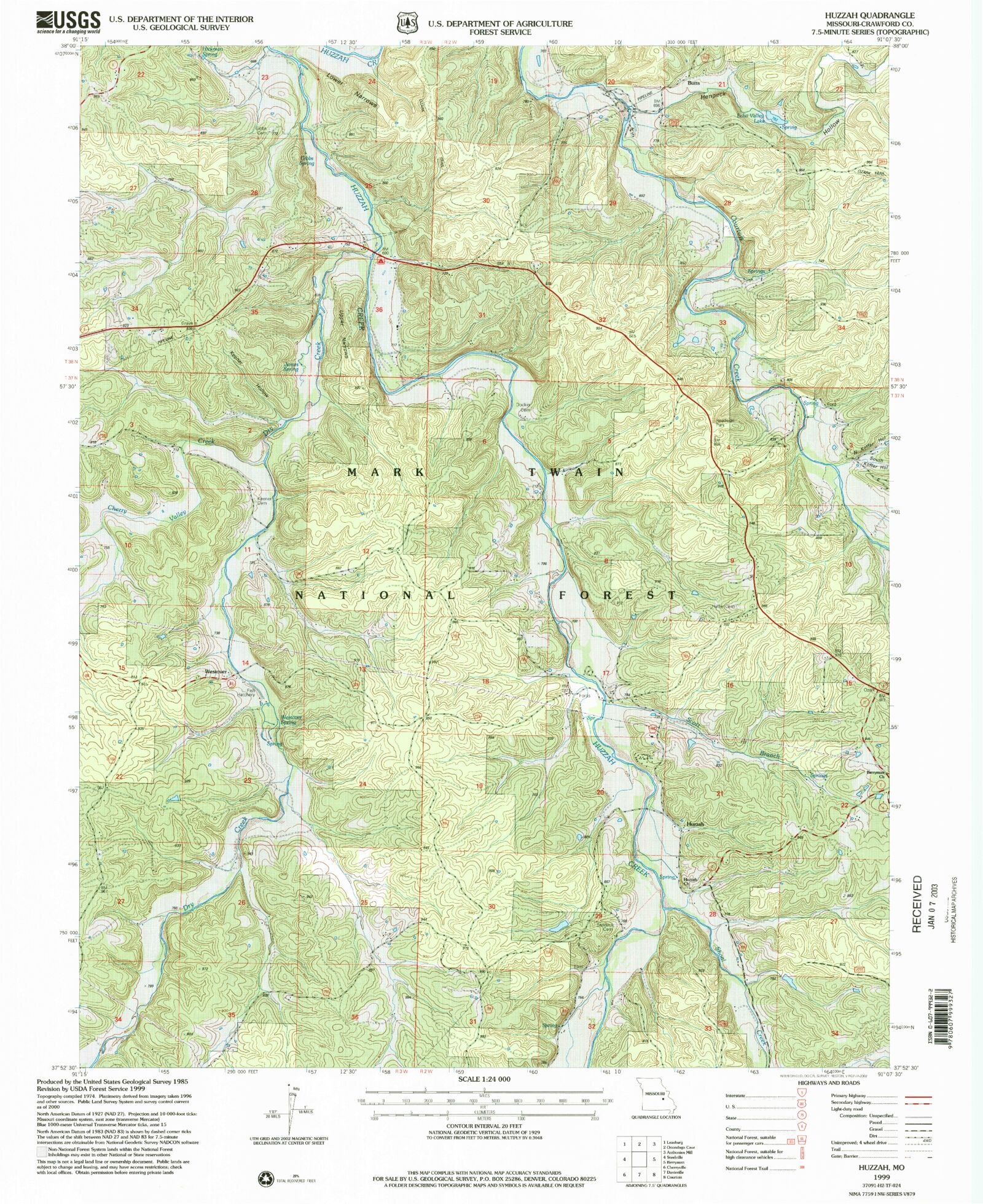 Classic USGS Huzzah Missouri 7.5'x7.5' Topo Map – MyTopo Map Store