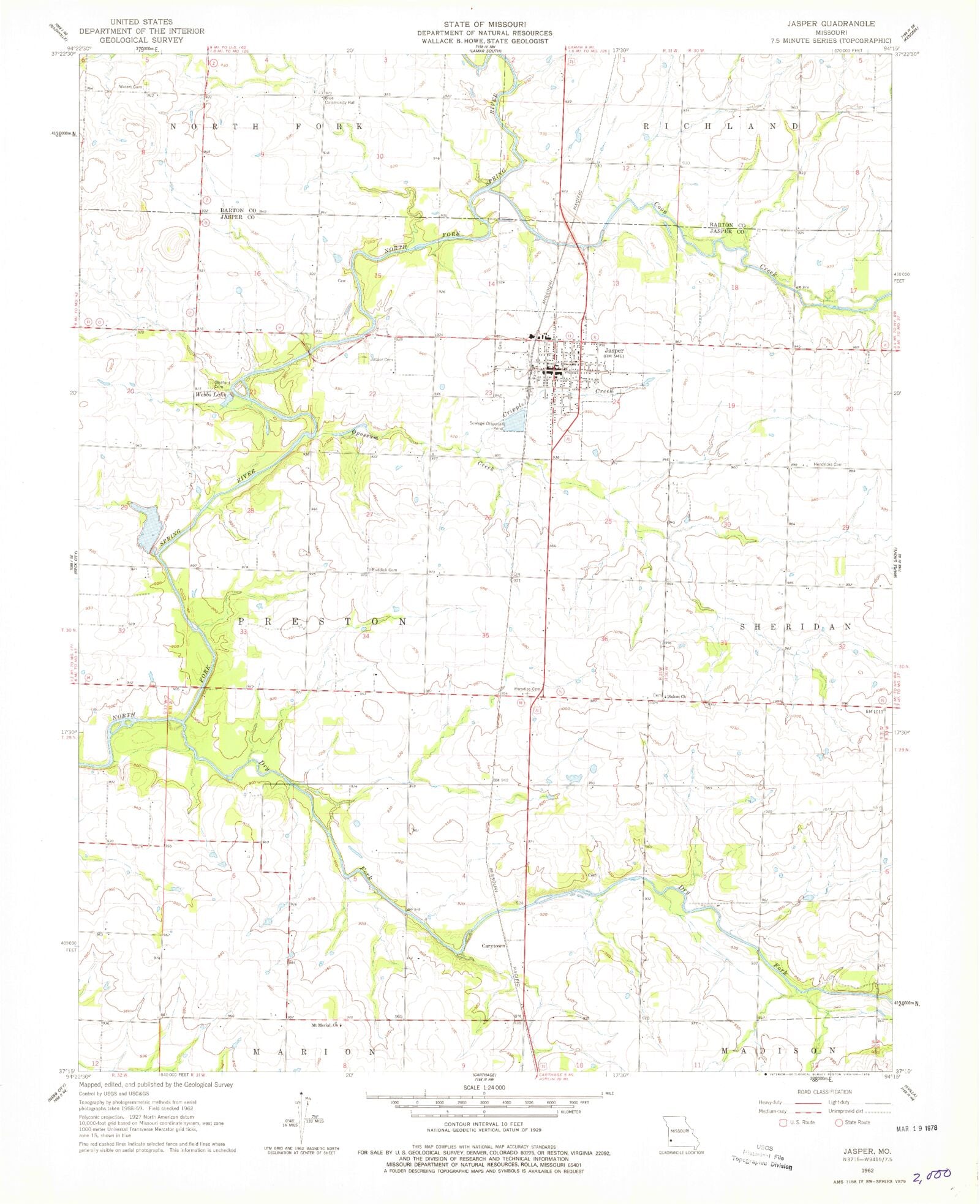 Classic USGS Jasper Missouri 7.5'x7.5' Topo Map – MyTopo Map Store