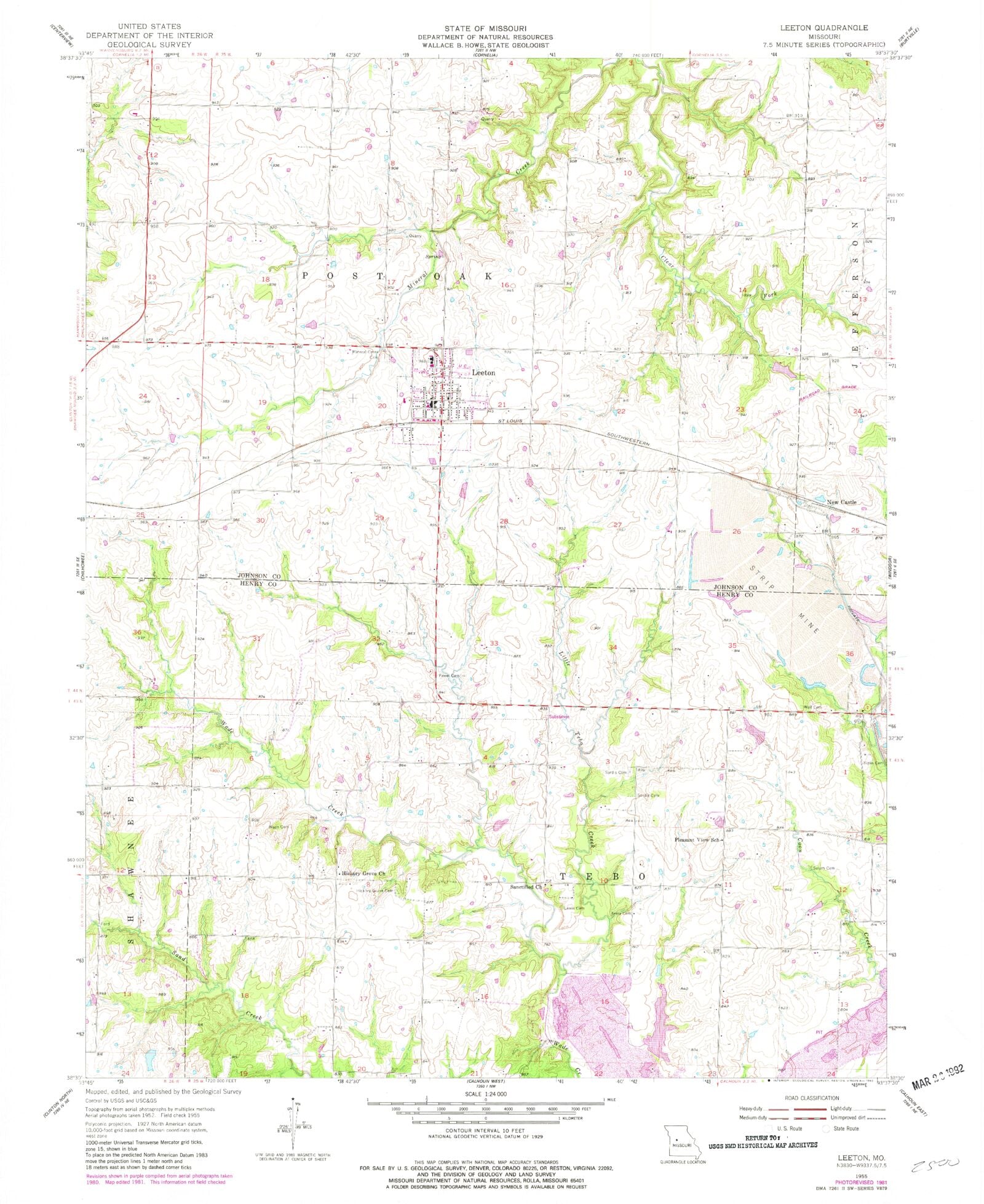 Classic USGS Leeton Missouri 7.5'x7.5' Topo Map – MyTopo Map Store