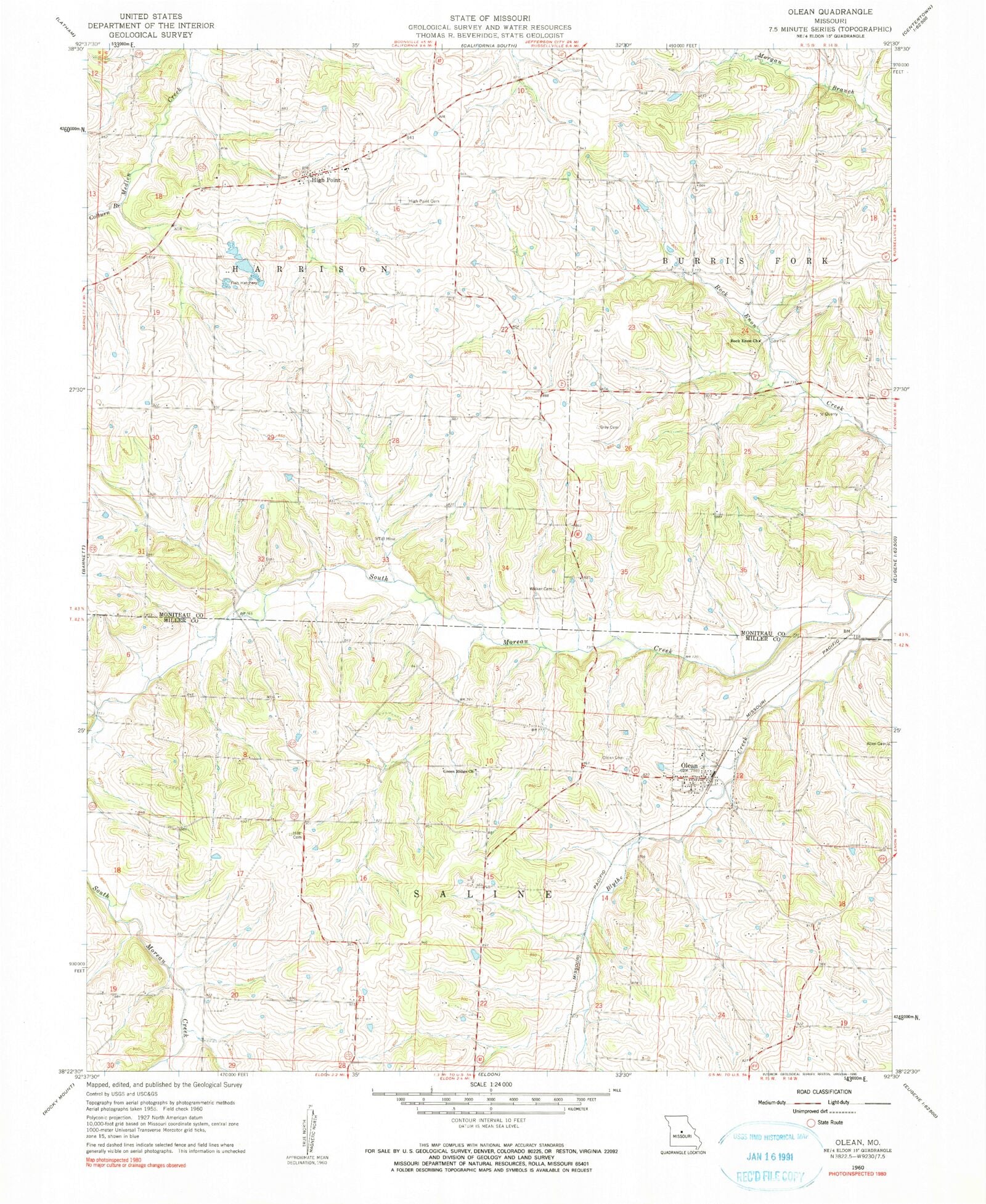 Classic USGS Olean Missouri 7.5'x7.5' Topo Map – MyTopo Map Store