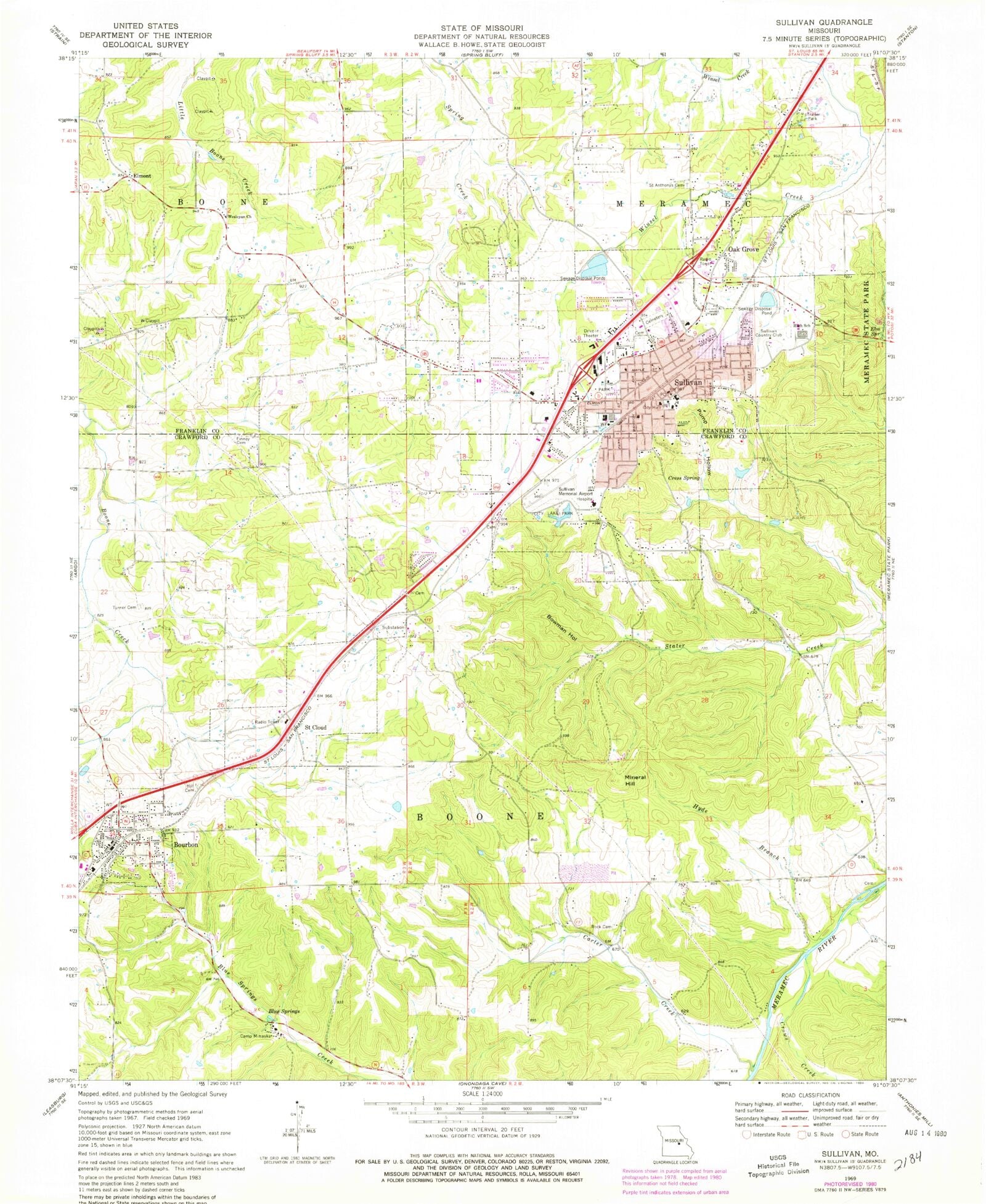 Classic USGS Sullivan Missouri 7.5'x7.5' Topo Map – MyTopo Map Store