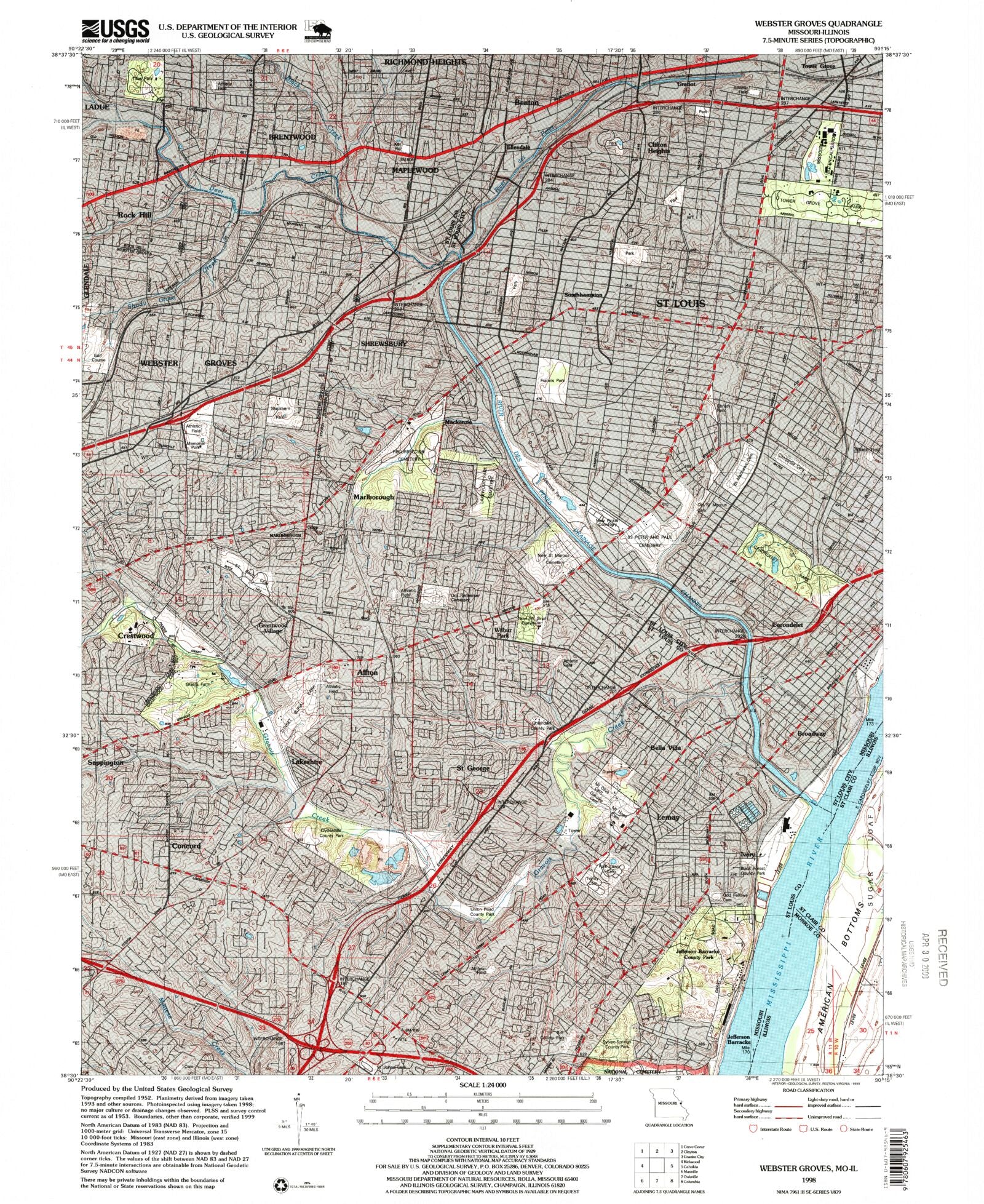 Classic USGS Webster Groves Missouri 7.5'x7.5' Topo Map – MyTopo Map Store
