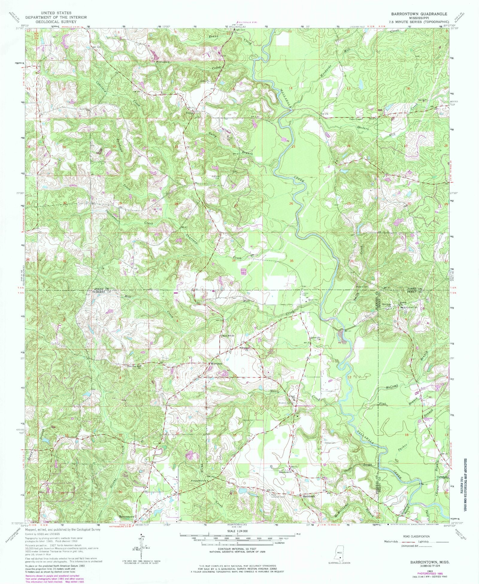Classic USGS Barrontown Mississippi 7.5'x7.5' Topo Map – MyTopo Map Store
