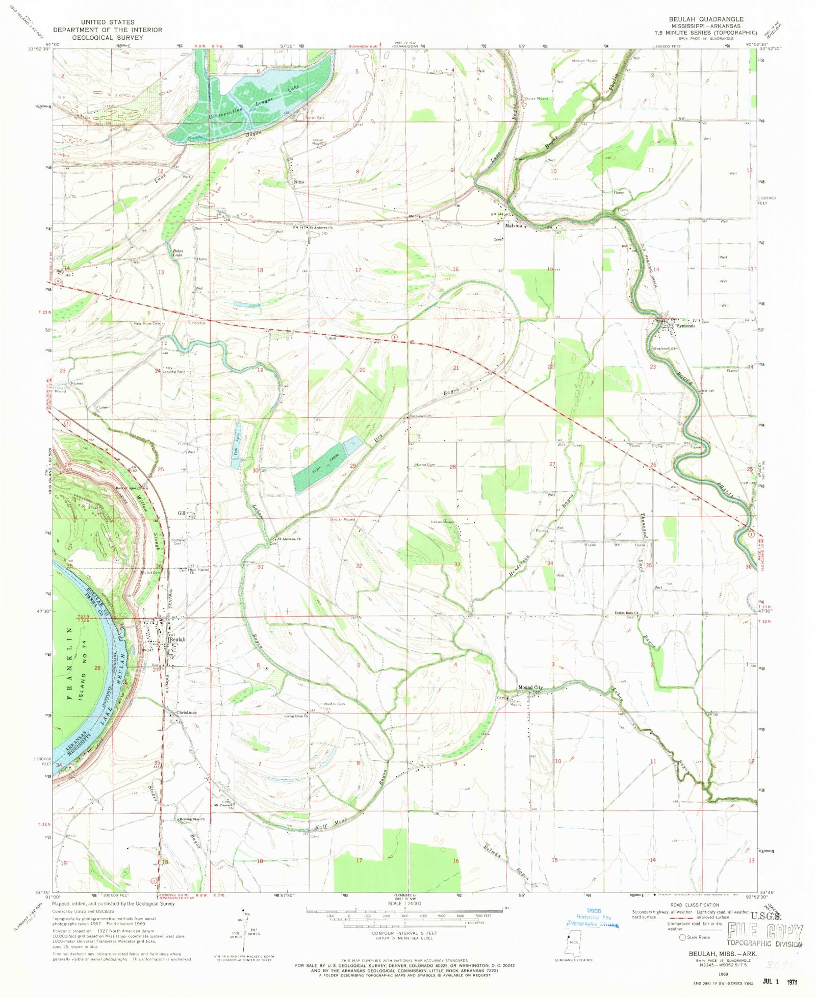 Classic USGS Beulah Mississippi 7.5'x7.5' Topo Map – MyTopo Map Store