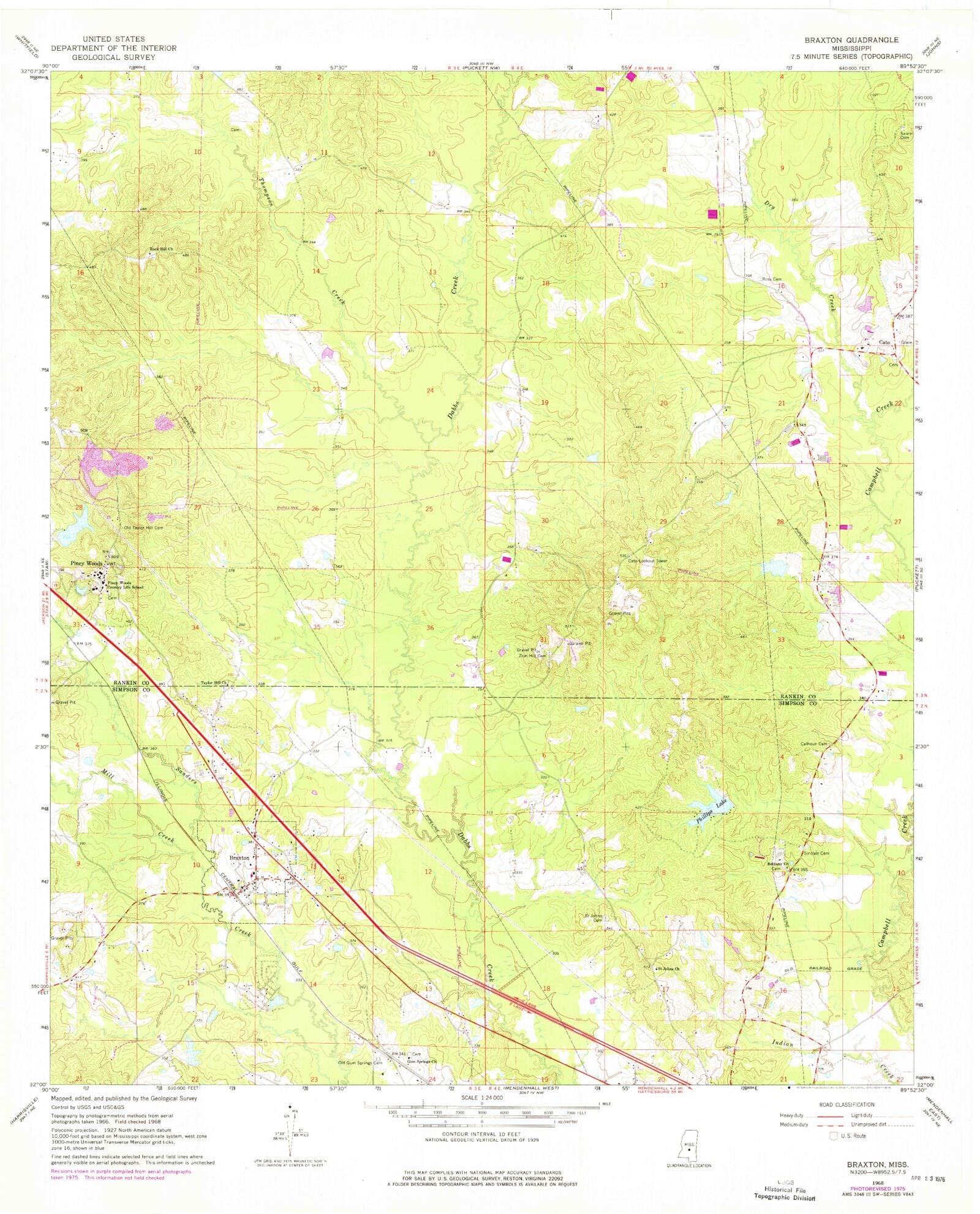Classic USGS Braxton Mississippi 7.5'x7.5' Topo Map – MyTopo Map Store